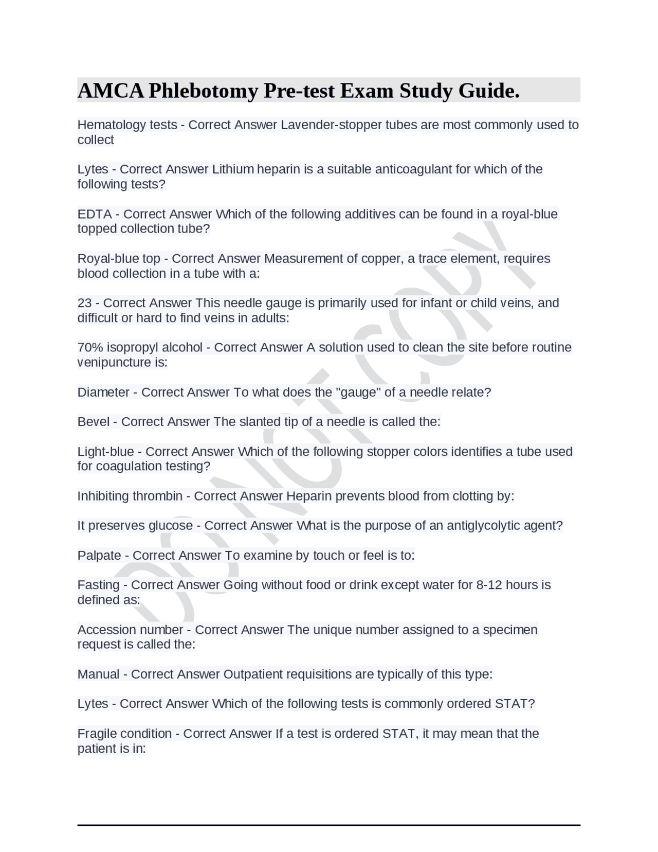 AMCA Phlebotomy Pre-test Exam Study Guide. | Exams Health sciences ...