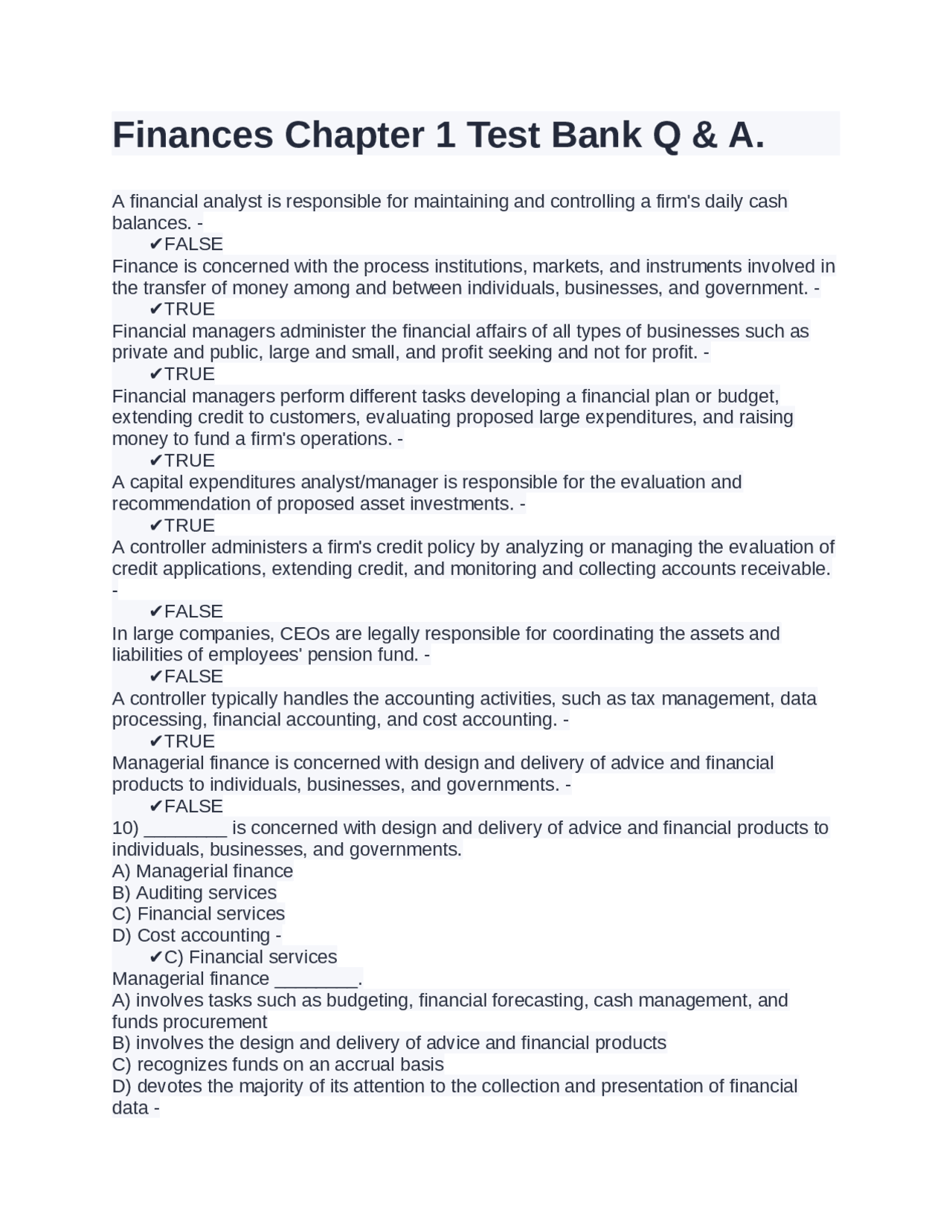 Finances Chapter 1 Test Bank Q & A. | Exams Finance | Docsity