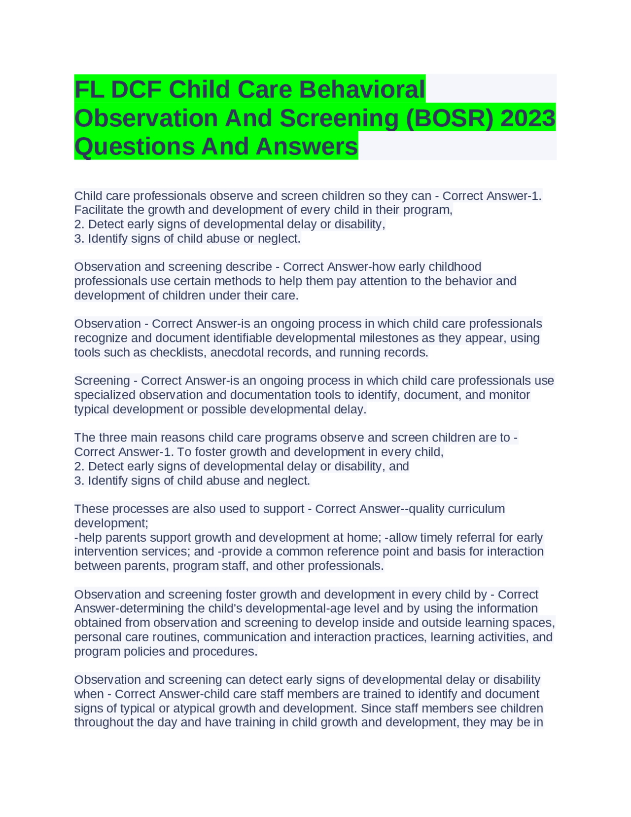 FL DCF Child Care Behavioral Observation And Screening (BOSR) 2023 ...