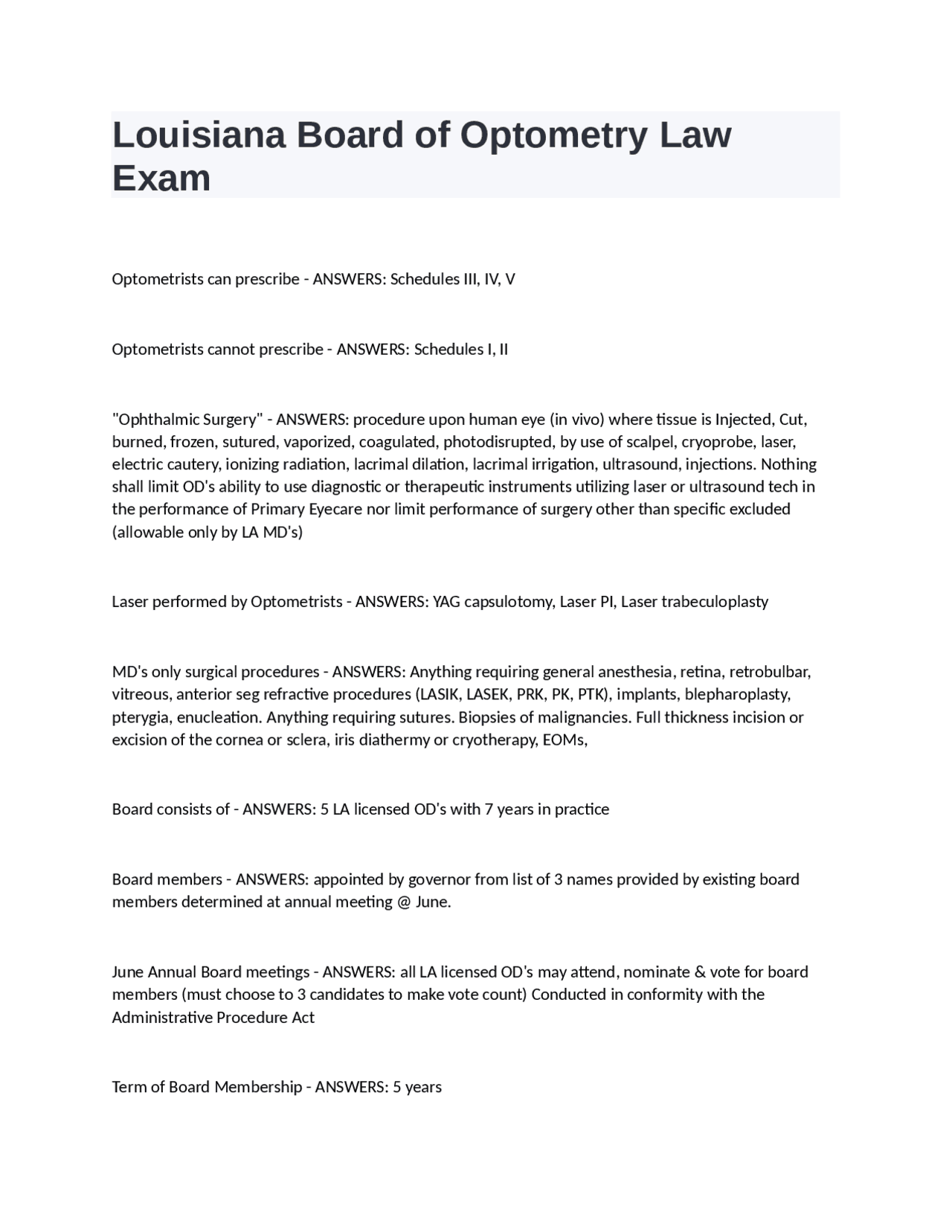 Louisiana Board of Optometry Law Exam with correct answers | Exams Law ...