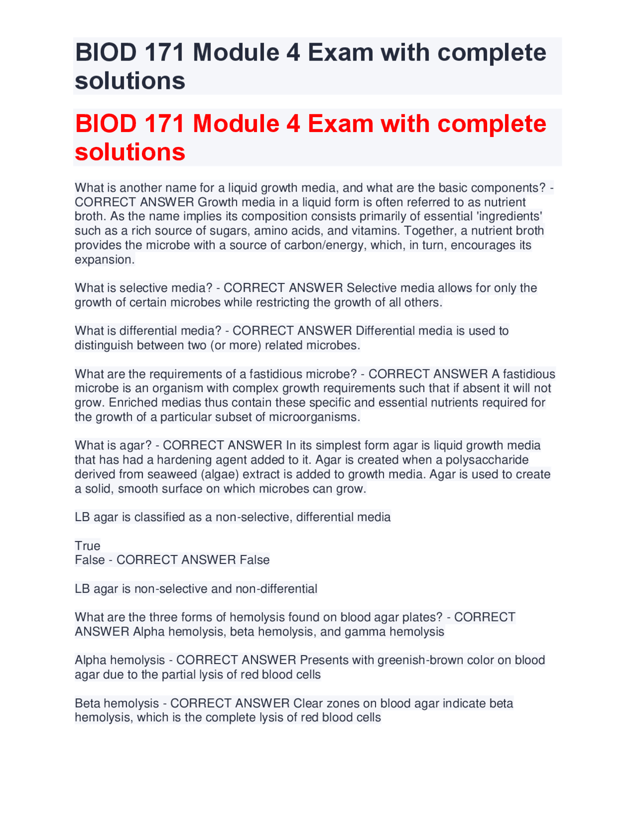 BIOD 171 Module 4 Exam with complete solutions | Exams Nursing | Docsity