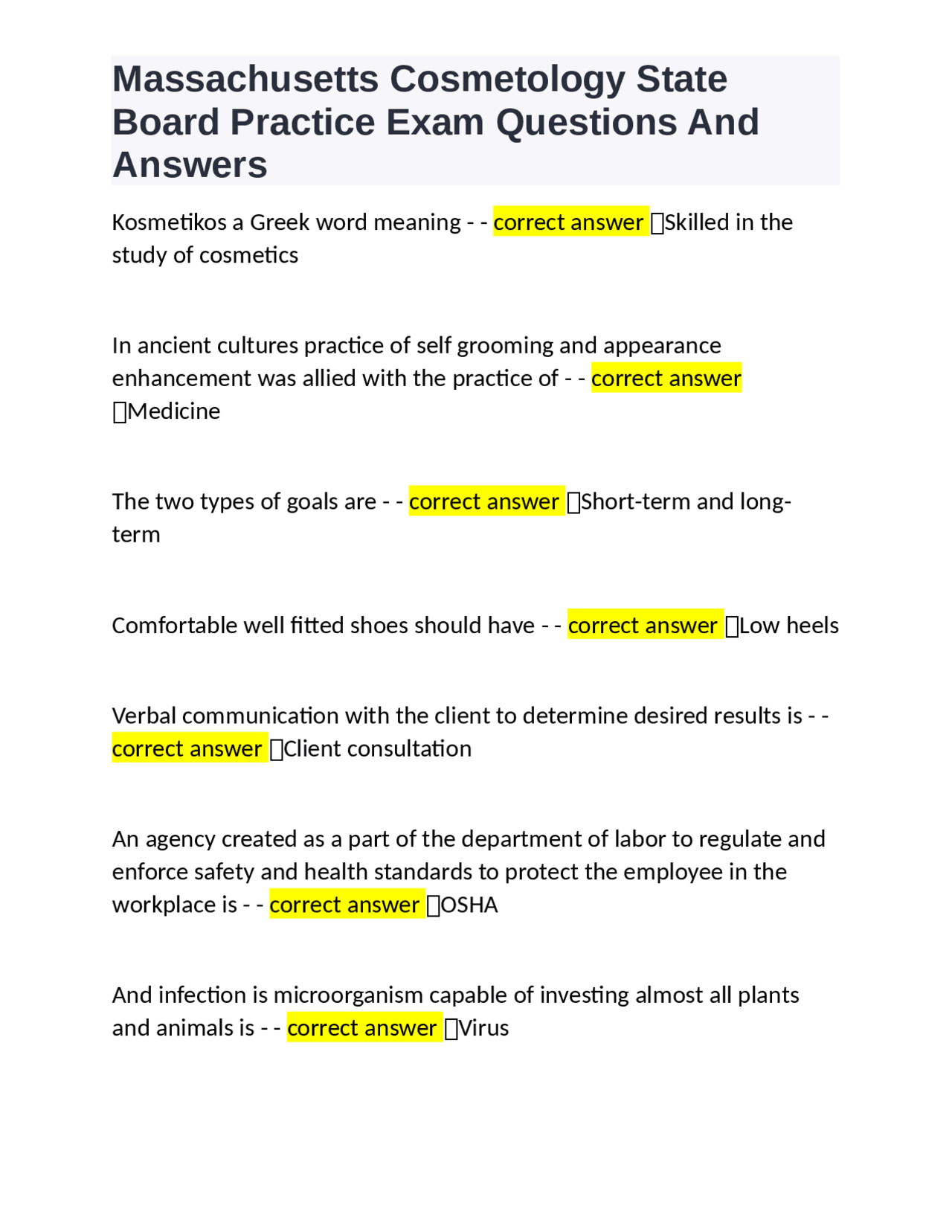 Massachusetts Cosmetology State Board Practice Exam Questions And ...