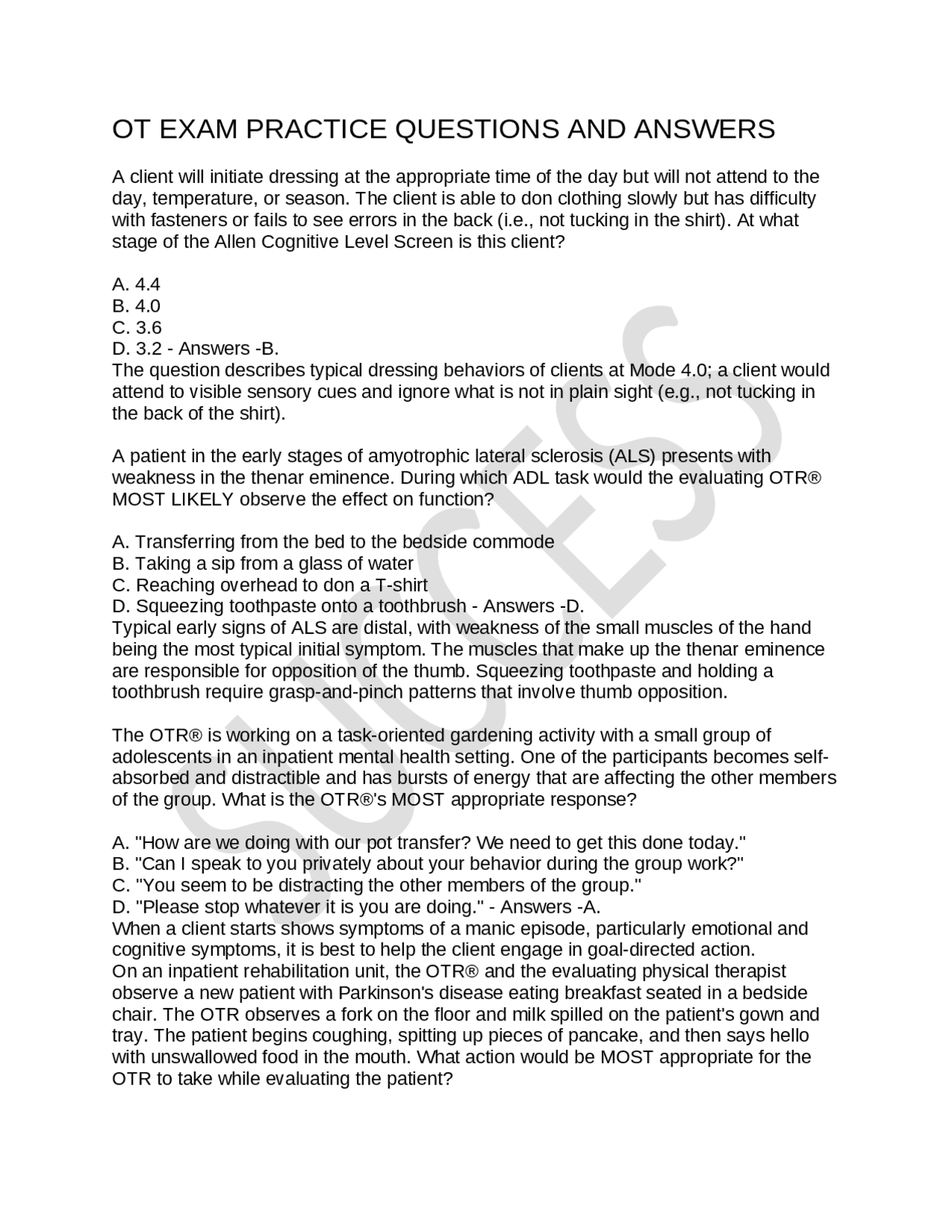 OT EXAM PRACTICE QUESTIONS AND ANSWERS | Exams Nursing | Docsity