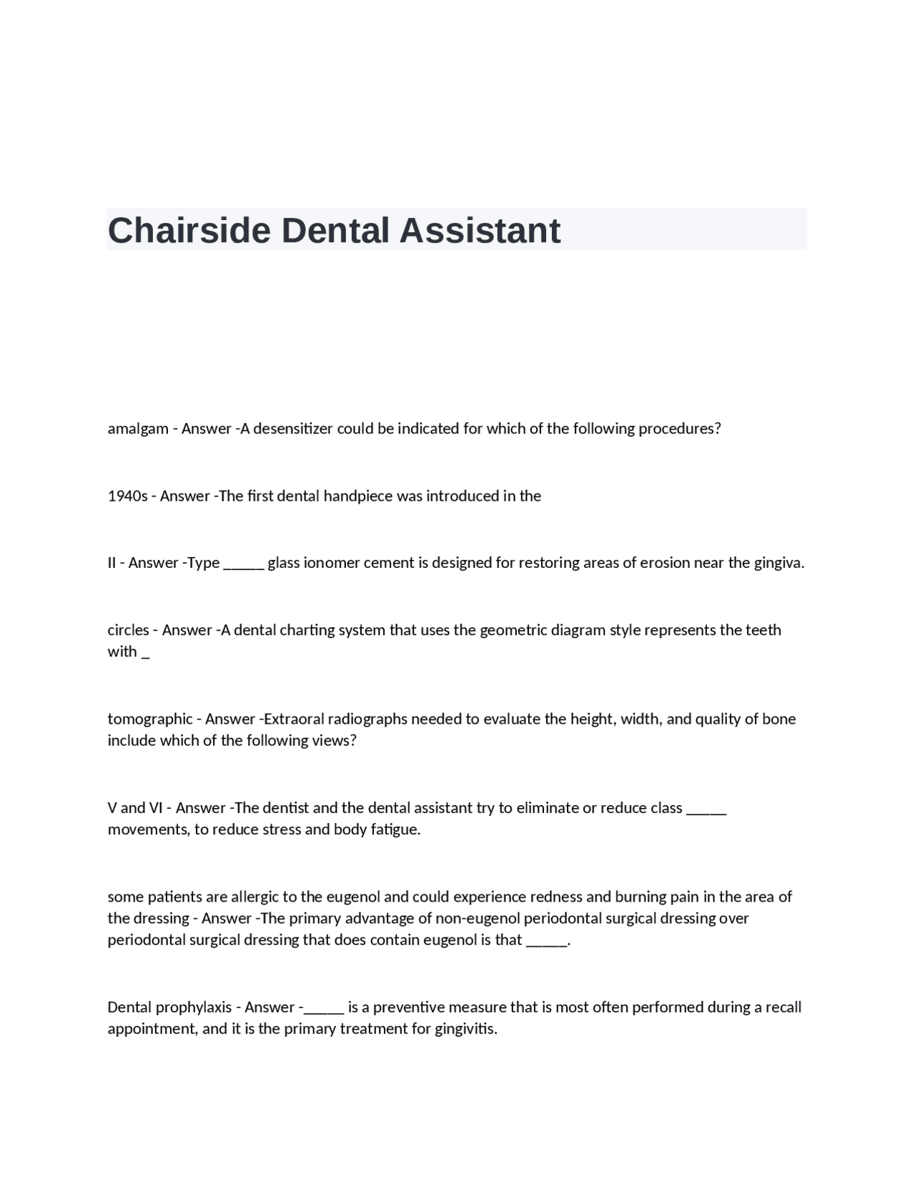 Chairside Dental Assistant Exam Questions and Answers | Exams Nursing ...