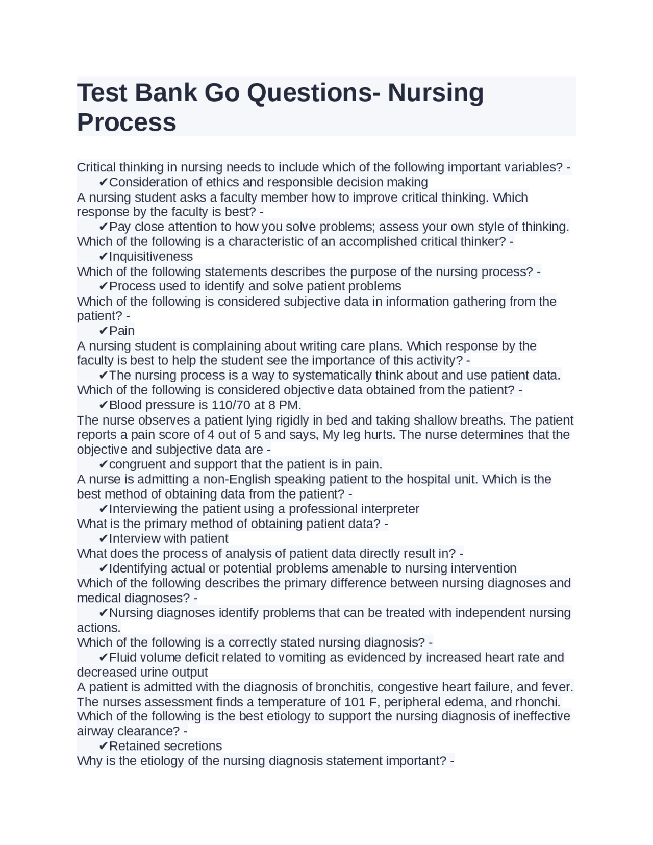 Test Bank Go Questions- Nursing Process | Exams Nursing | Docsity