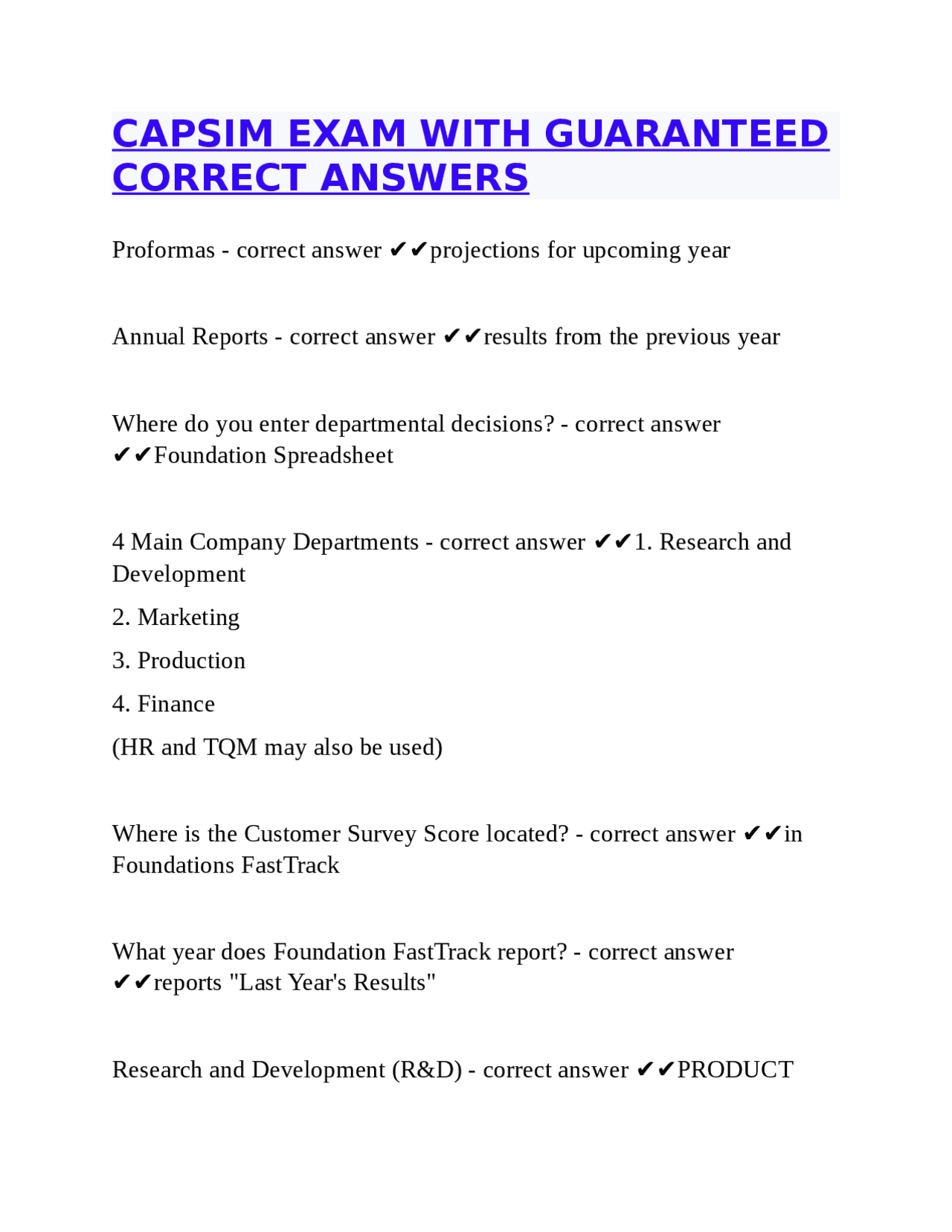 CAPSIM EXAM WITH GUARANTEED CORRECT ANSWERS | Exams Nursing | Docsity