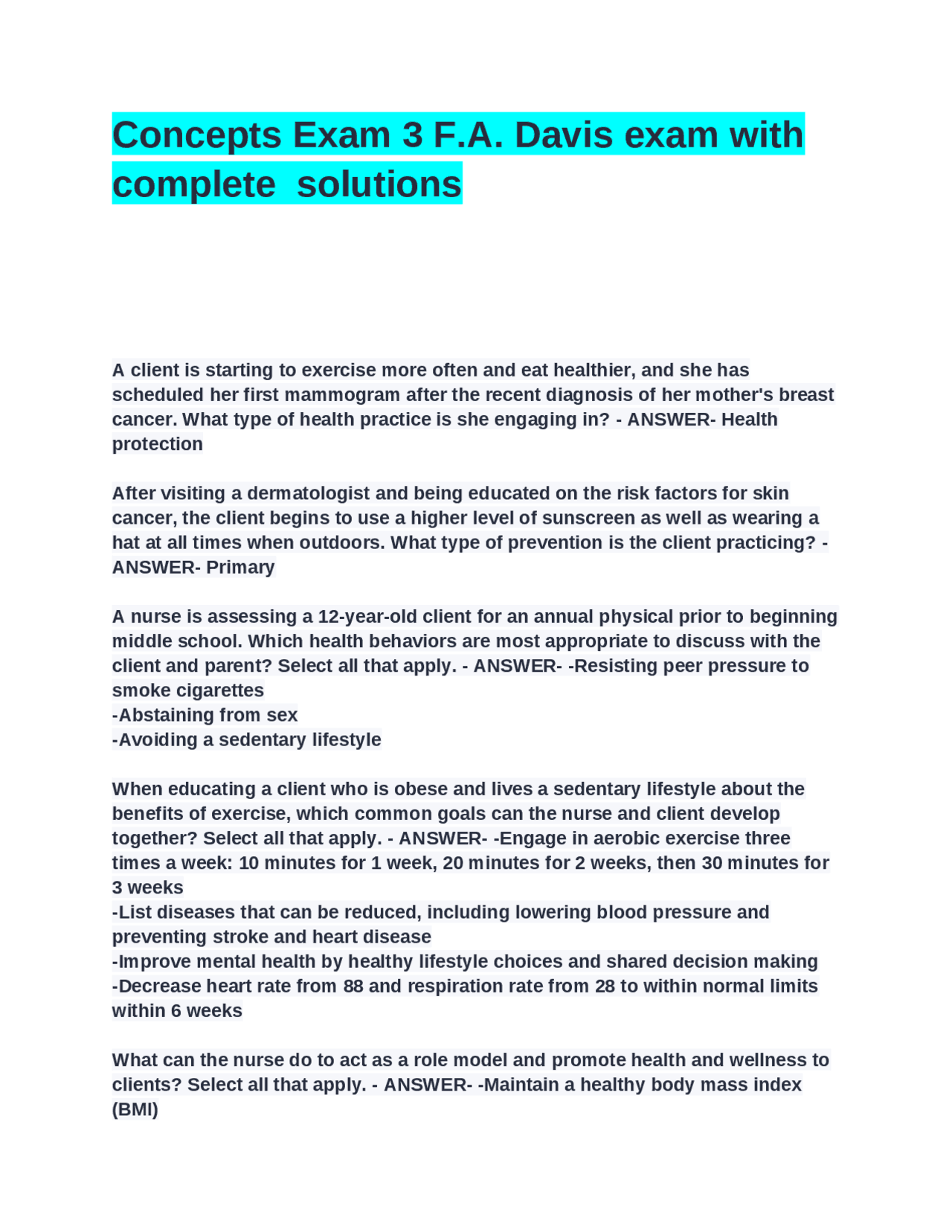 Concepts Exam 3 F.A. Davis exam with complete solutions.docx | Exams Functional Analysis | Docsity