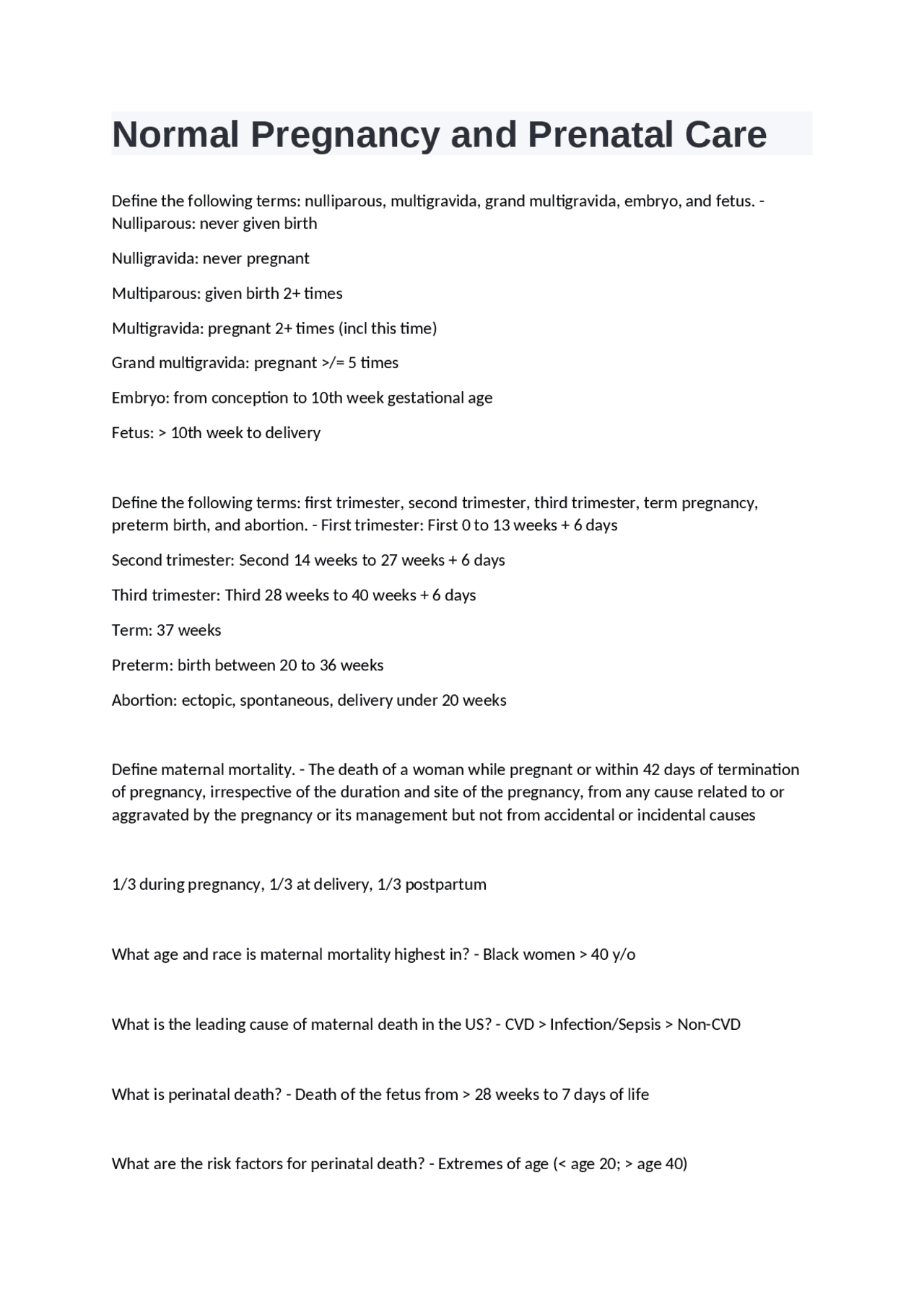 Normal Pregnancy and Prenatal Care | Exams Obstetrics | Docsity