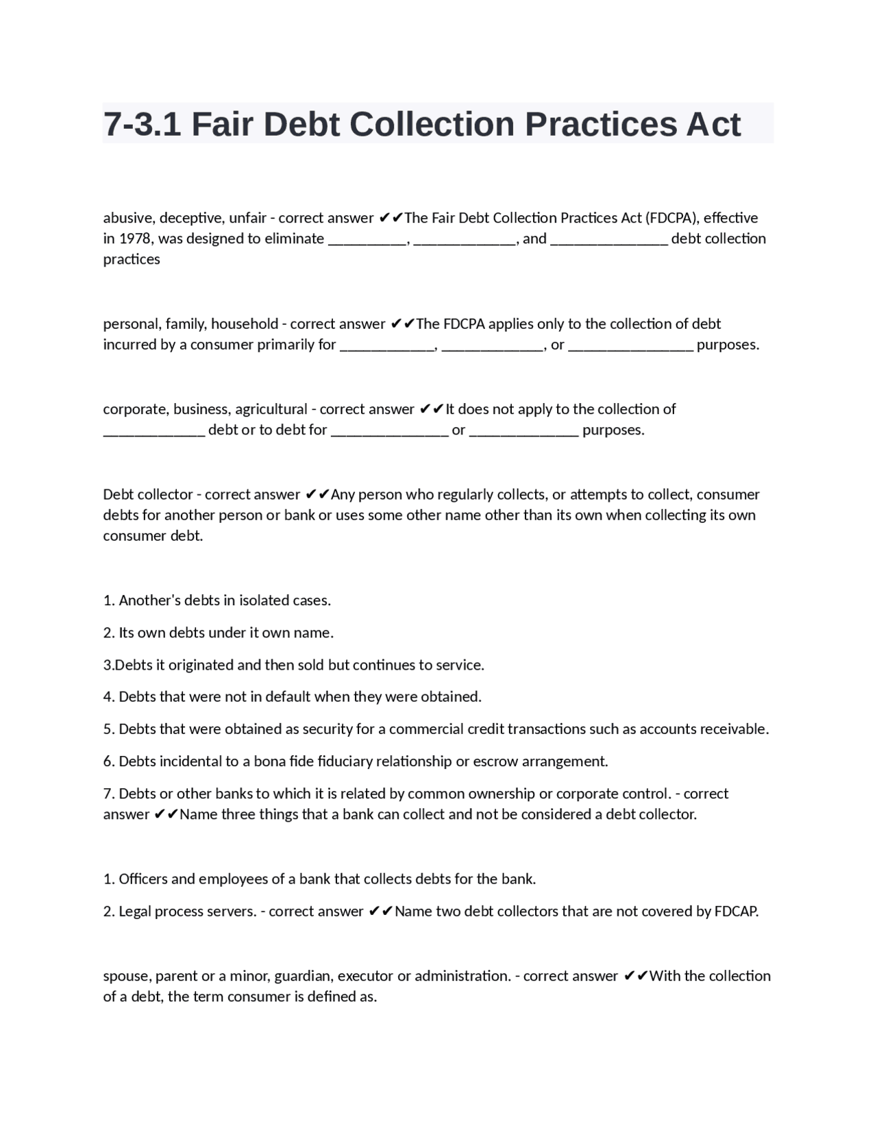 7-3.1 Fair Debt Collection Practices Act | Exams Nursing | Docsity