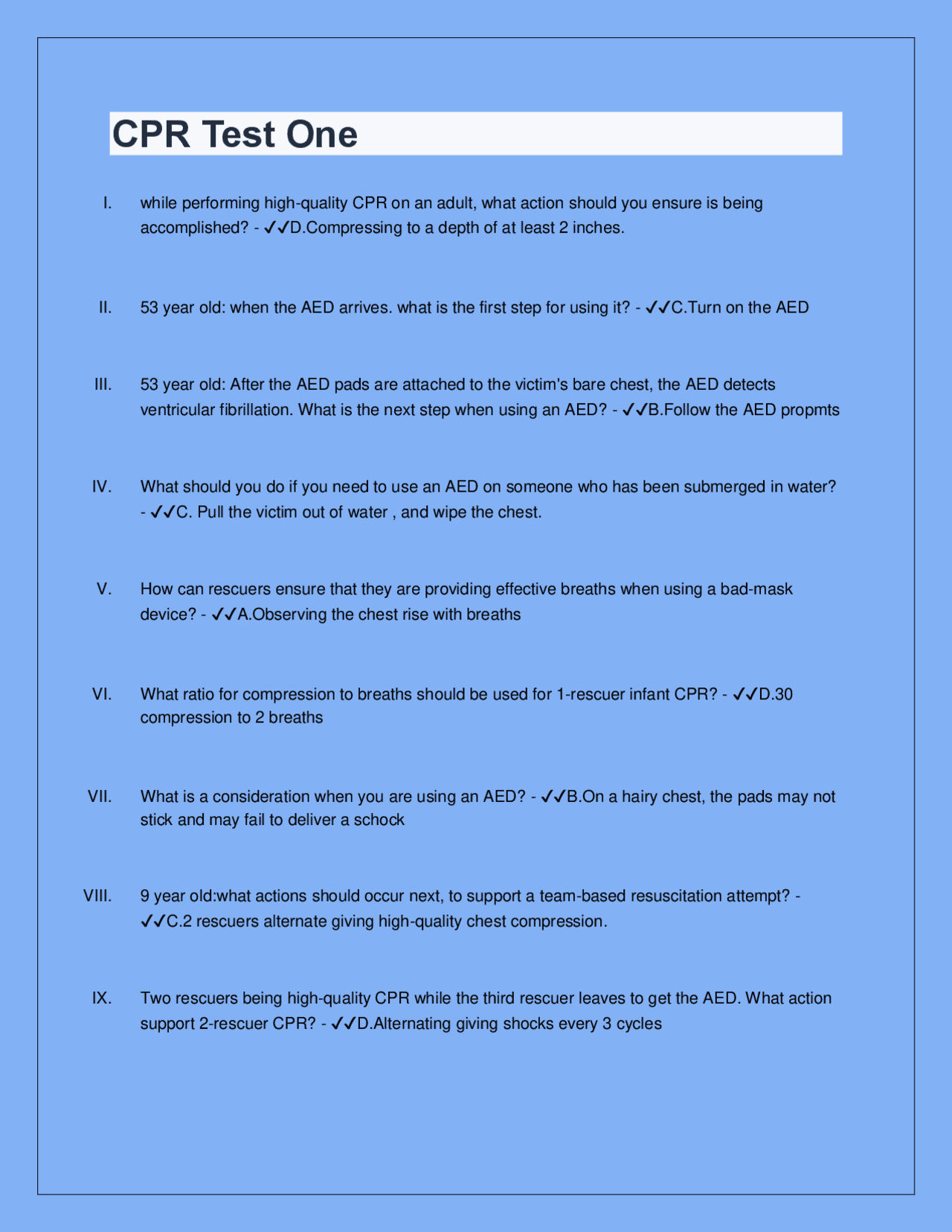 CPR Test One with 100% correct answers | Exams Nursing | Docsity