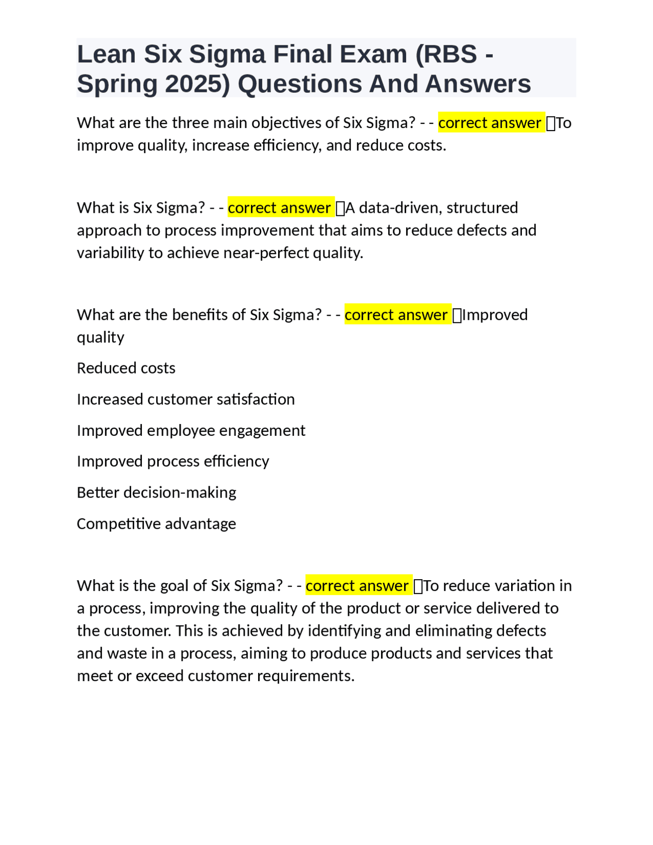 Lean Six Sigma Final Exam (RBS - Spring 2025) Questions And Answers ...
