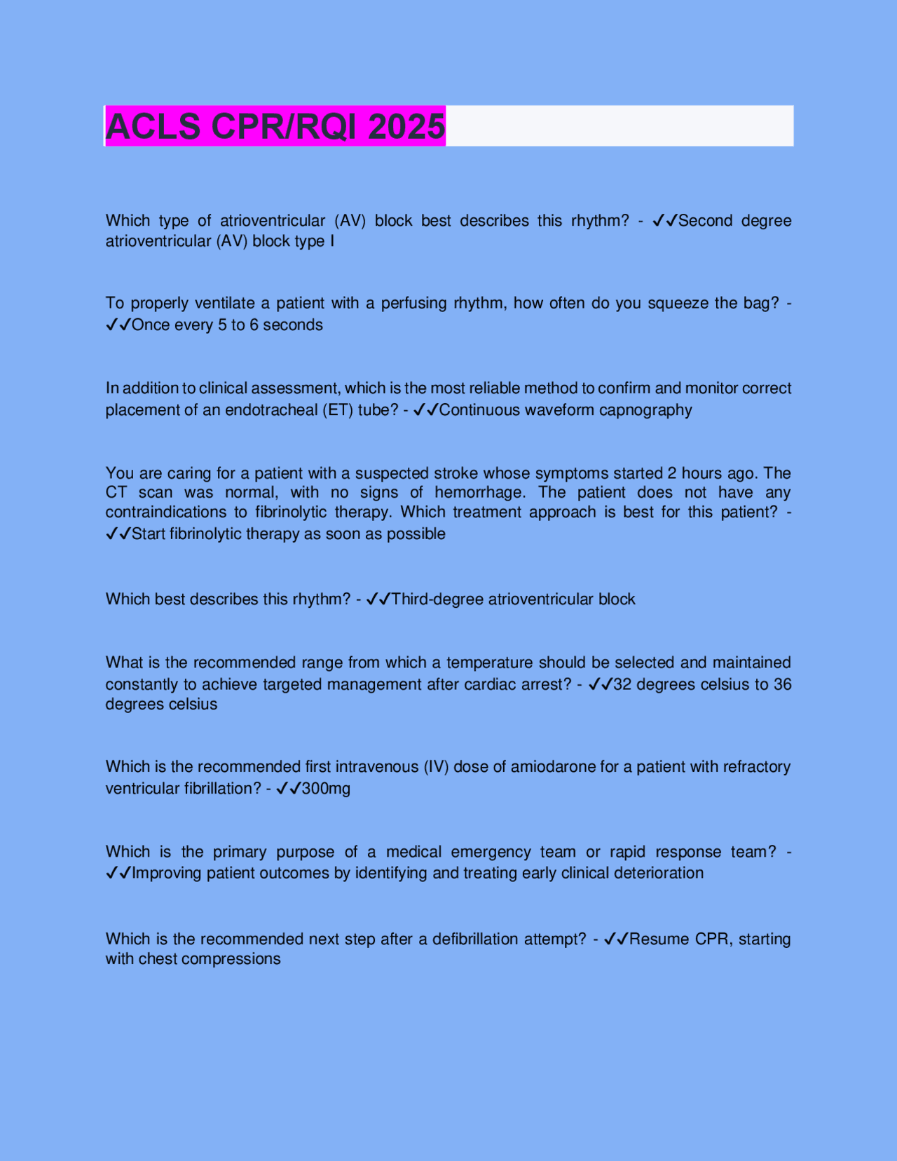 ACLS CPR/RQI QUIZ 2025 | Exams Public Health | Docsity