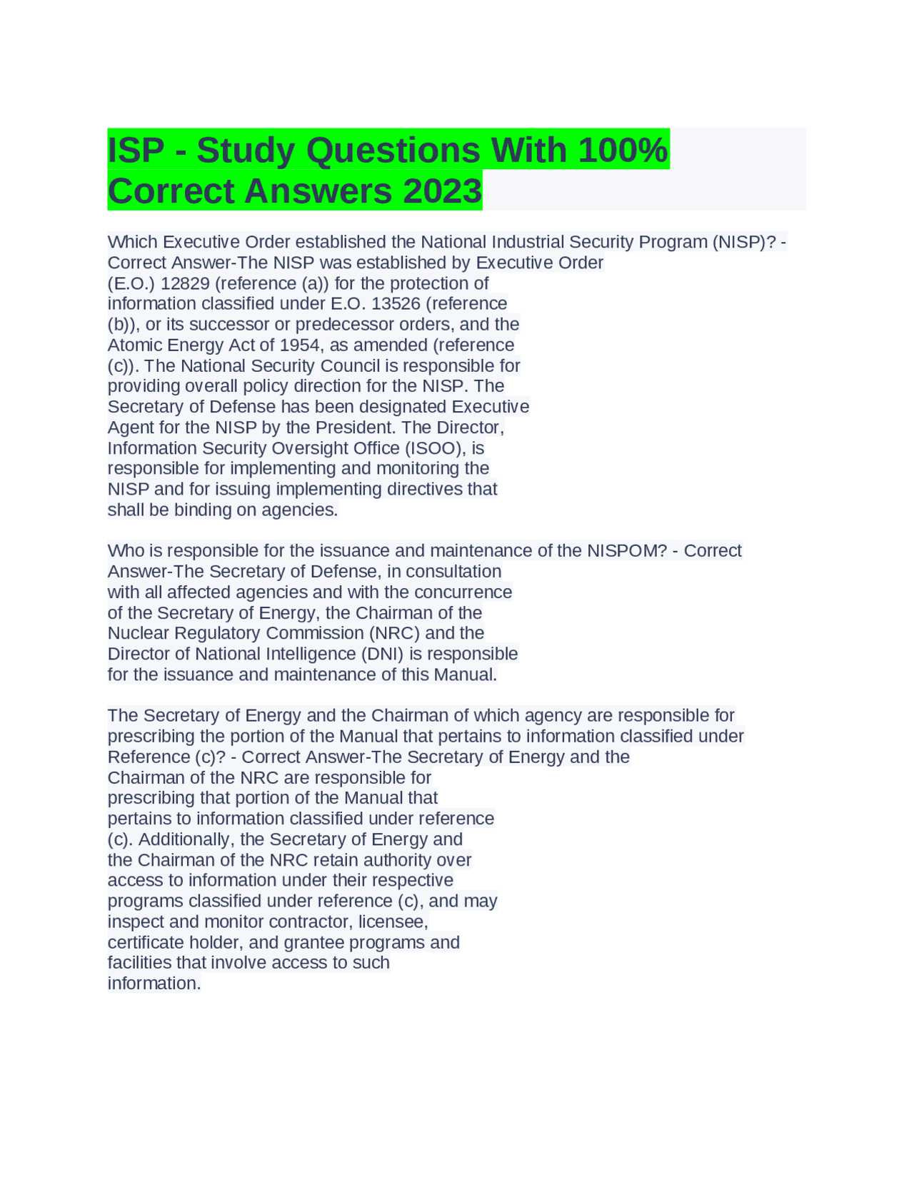 ISP - Study Questions With 100% Correct Answers 2023 | Exams Advanced ...