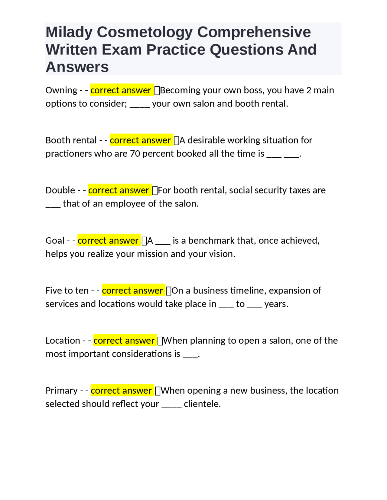 Milady Cosmetology Comprehensive Written Exam Practice Questions And ...
