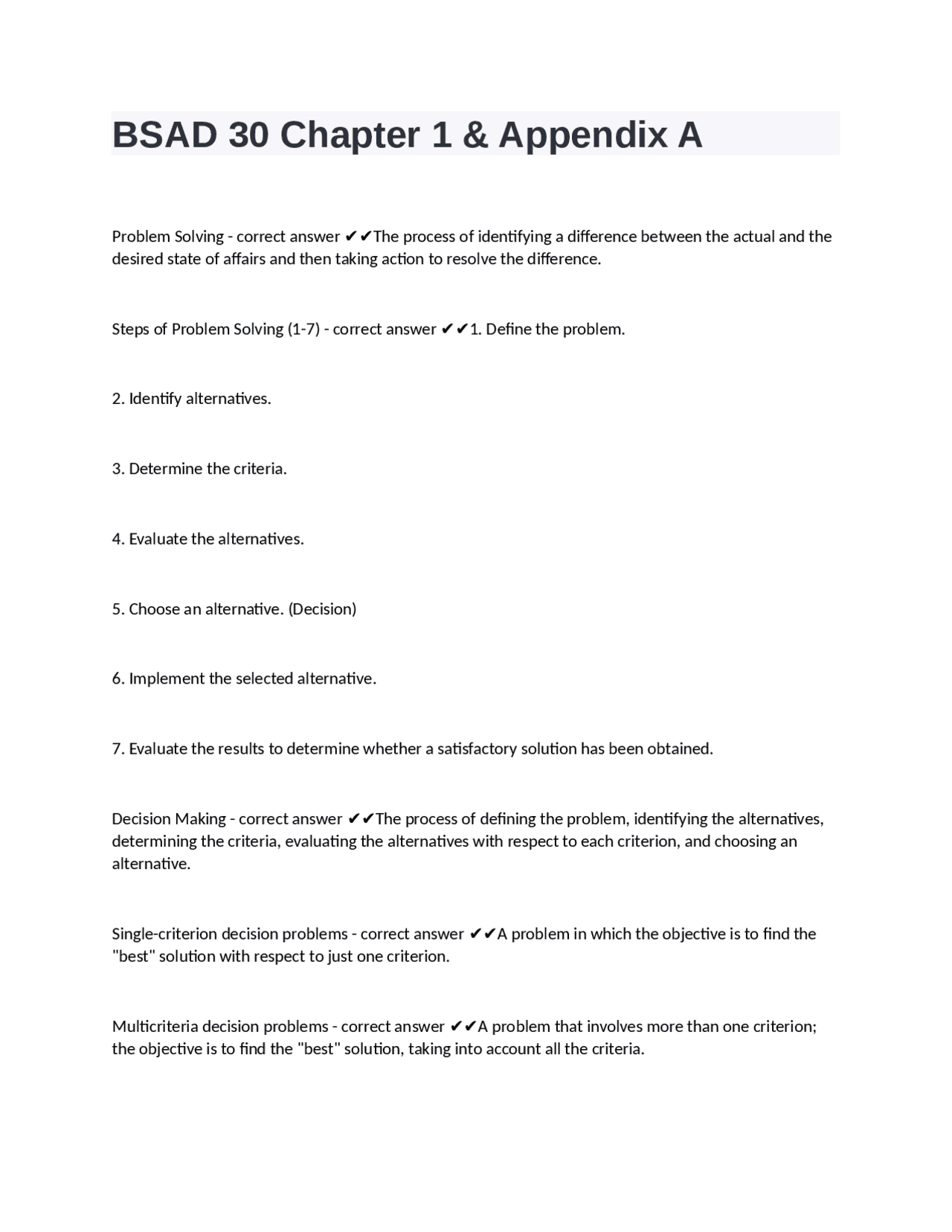 BSAD 30 Chapter 1 & Appendix A questions well answered | Exams Nursing | Docsity