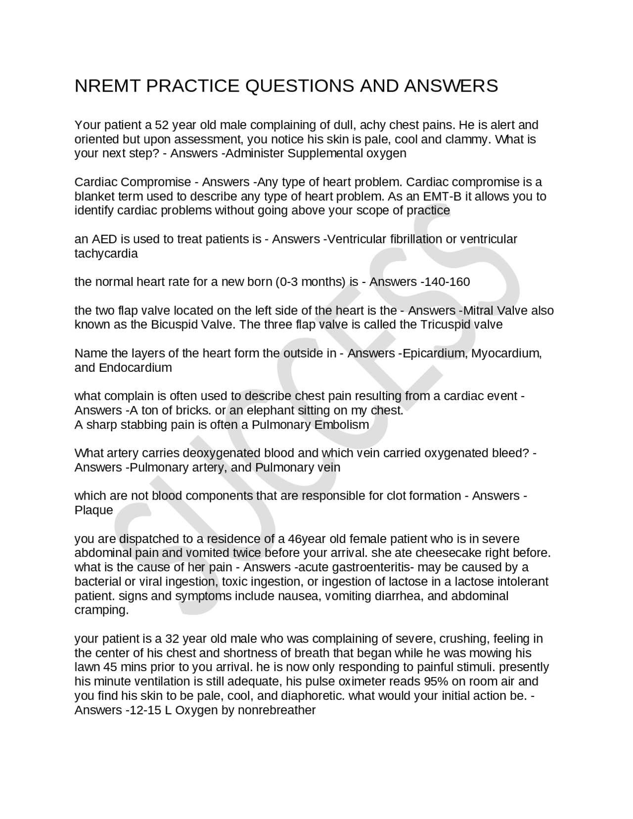 NREMT PRACTICE QUESTIONS AND ANSWERS | Exams Nursing | Docsity