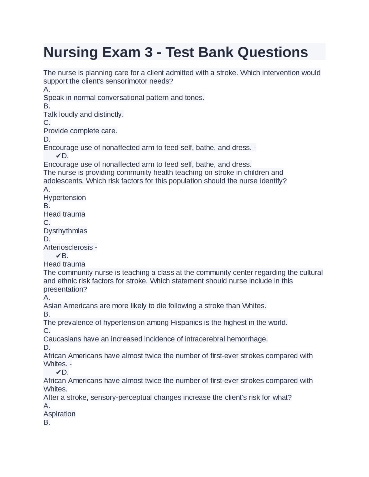 Nursing Exam 3 - Test Bank Questions | Exams Nursing | Docsity