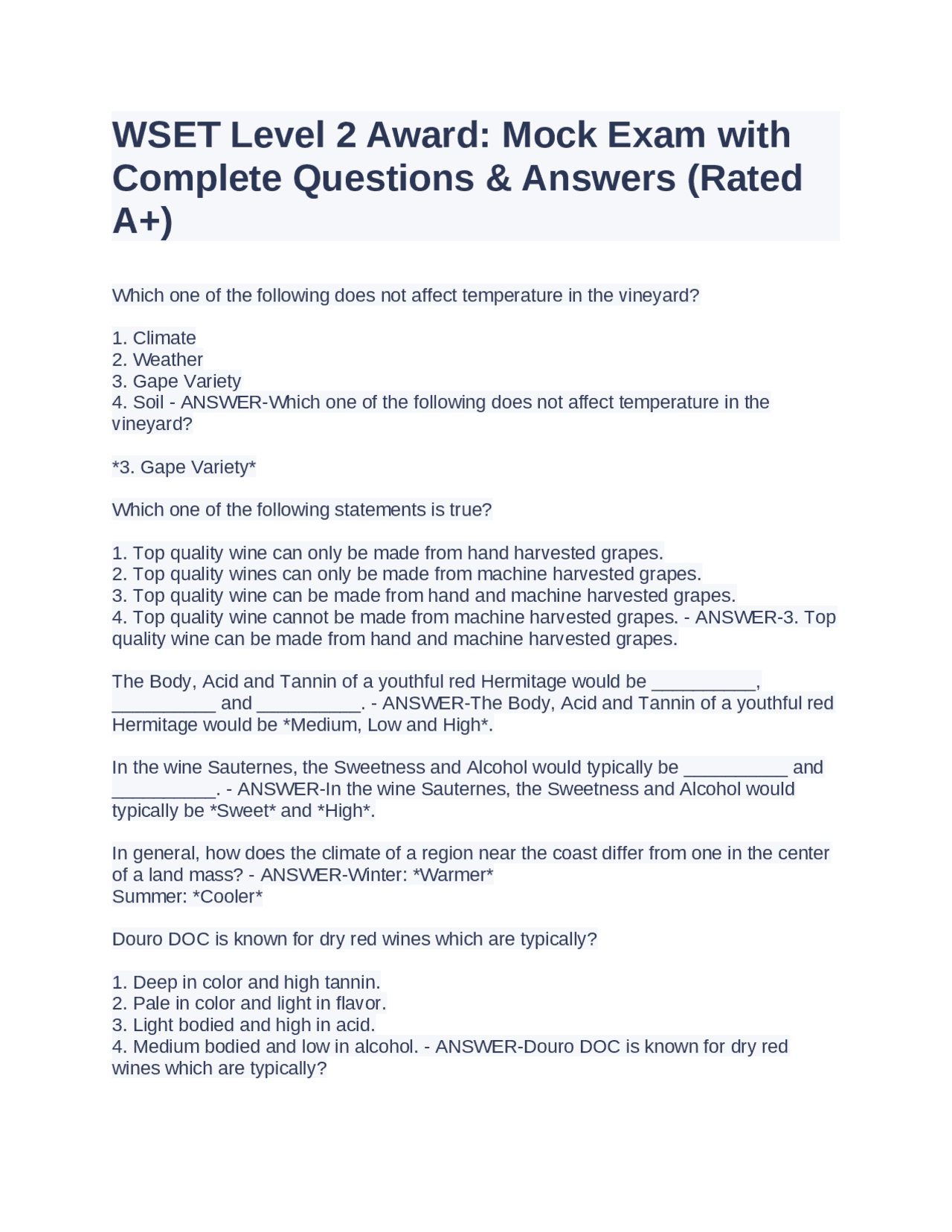 WSET Level 2 Award: Mock Exam with Complete Questions & Answers (Rated ...