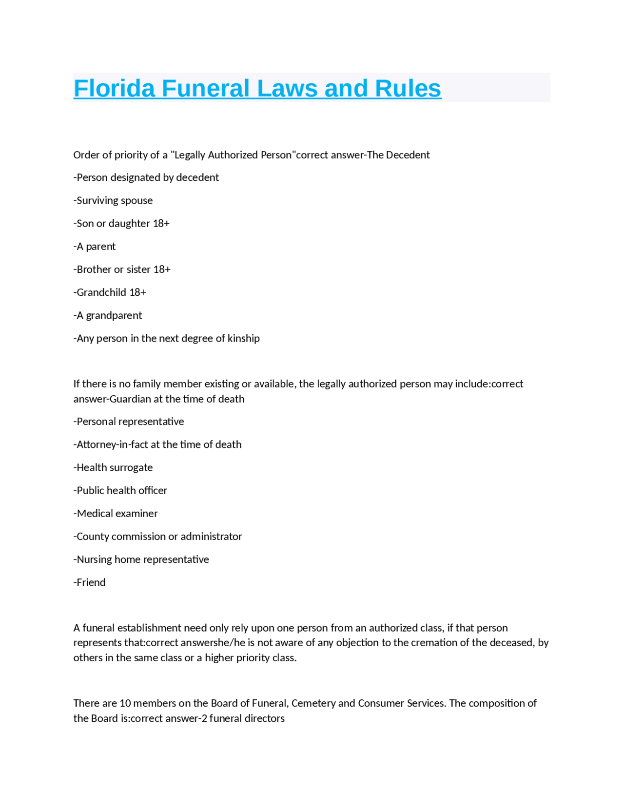 Florida Funeral Laws and Rules exam with verified answers | Exams Law ...