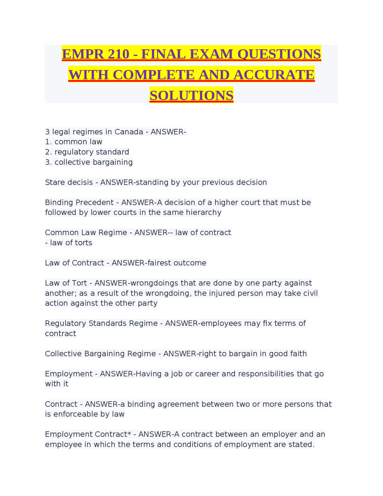 EMPR 210 - FINAL EXAM QUESTIONS WITH COMPLETE AND ACCURATE SOLUTIONS | Exams Law | Docsity