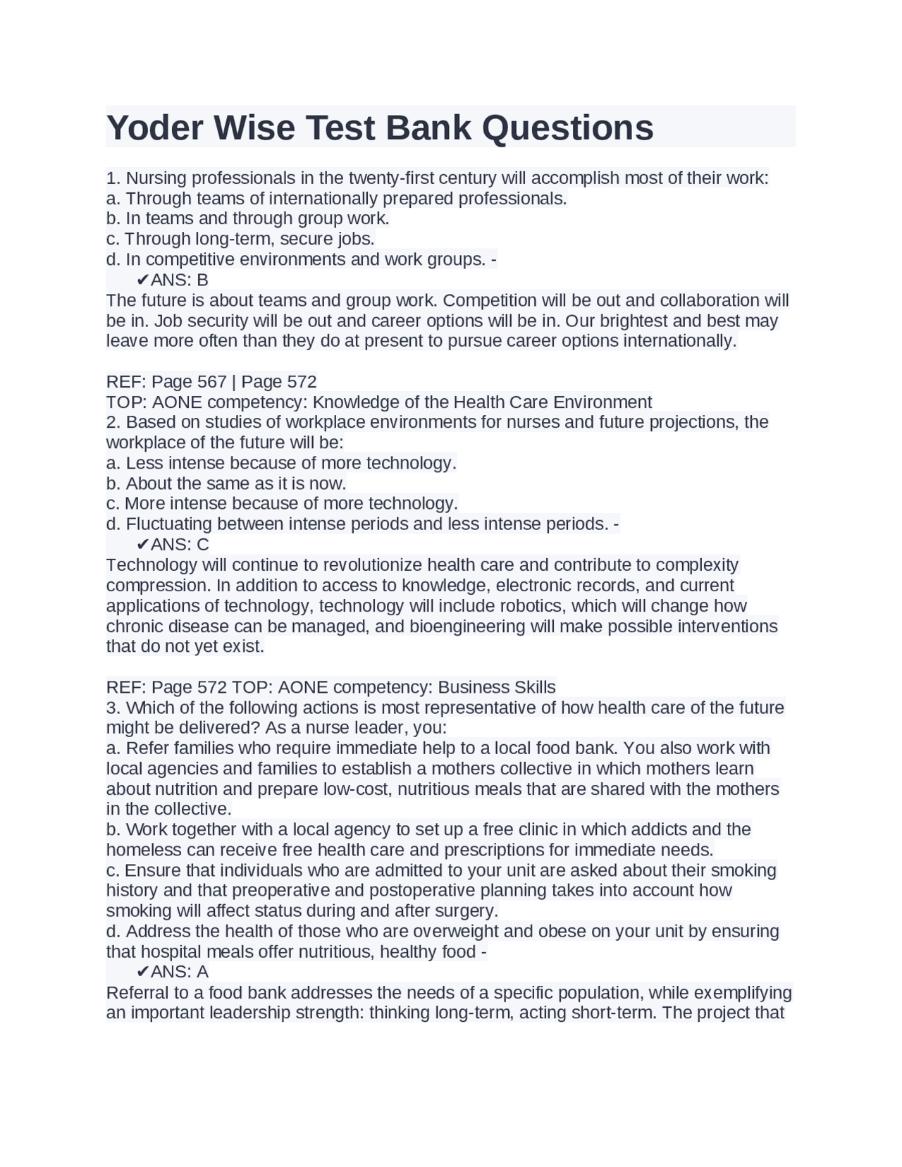 Yoder Wise Test Bank Questions & Answers | Exams Nursing | Docsity