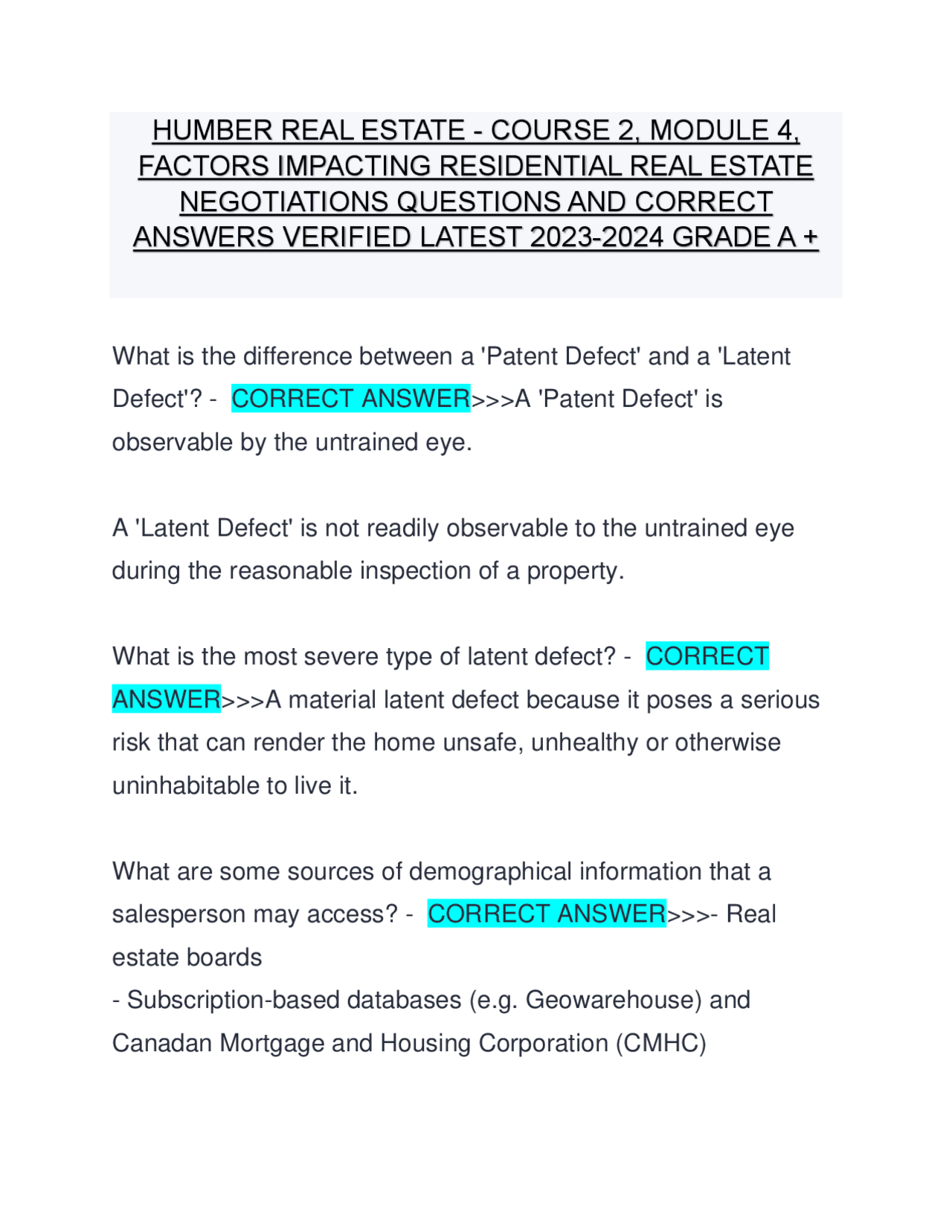 HUMBER REAL ESTATE - COURSE 2, MODULE 4, FACTORS IMPACTING RESIDENTIAL ...