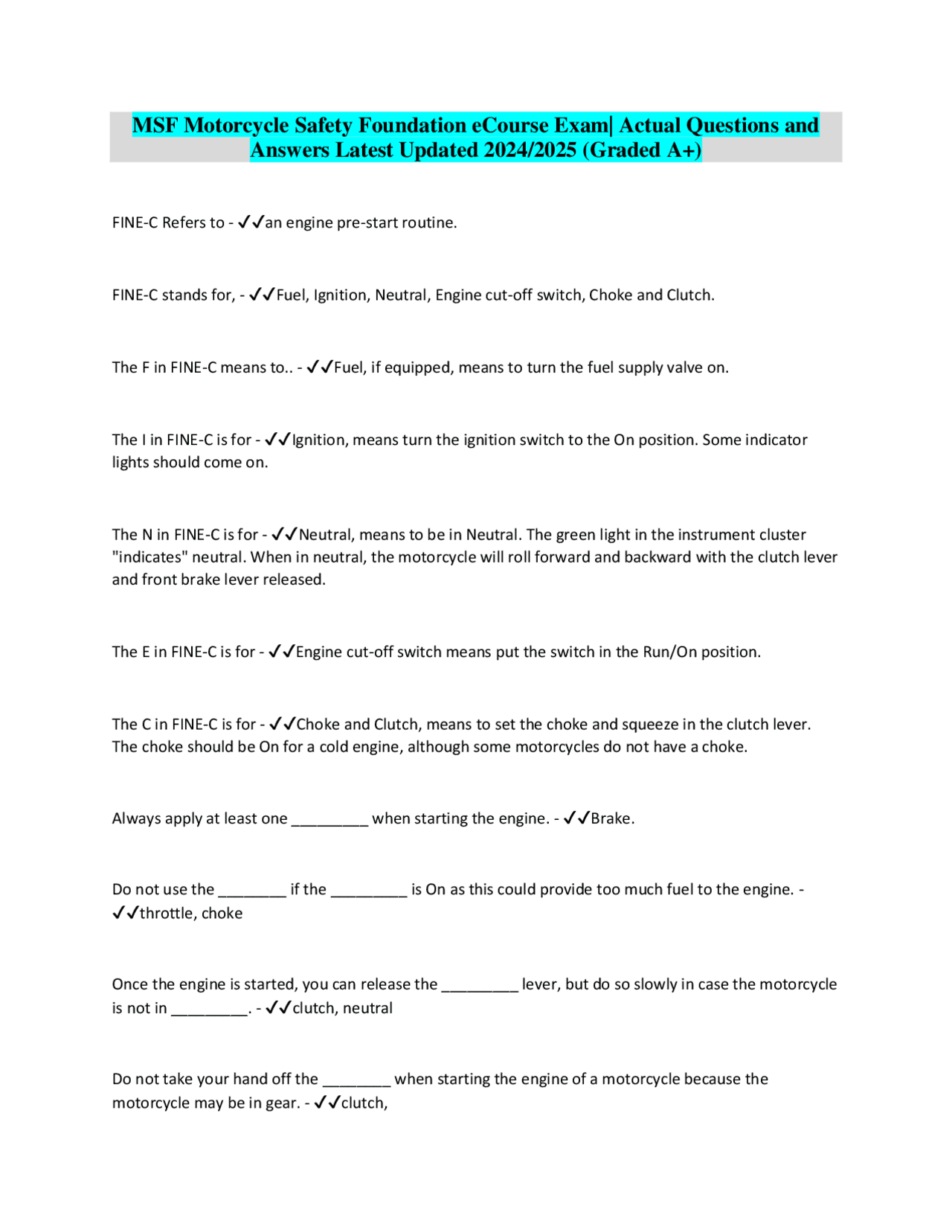 MSF Motorcycle Safety Foundation eCourse Exam| Actual Questions and ...