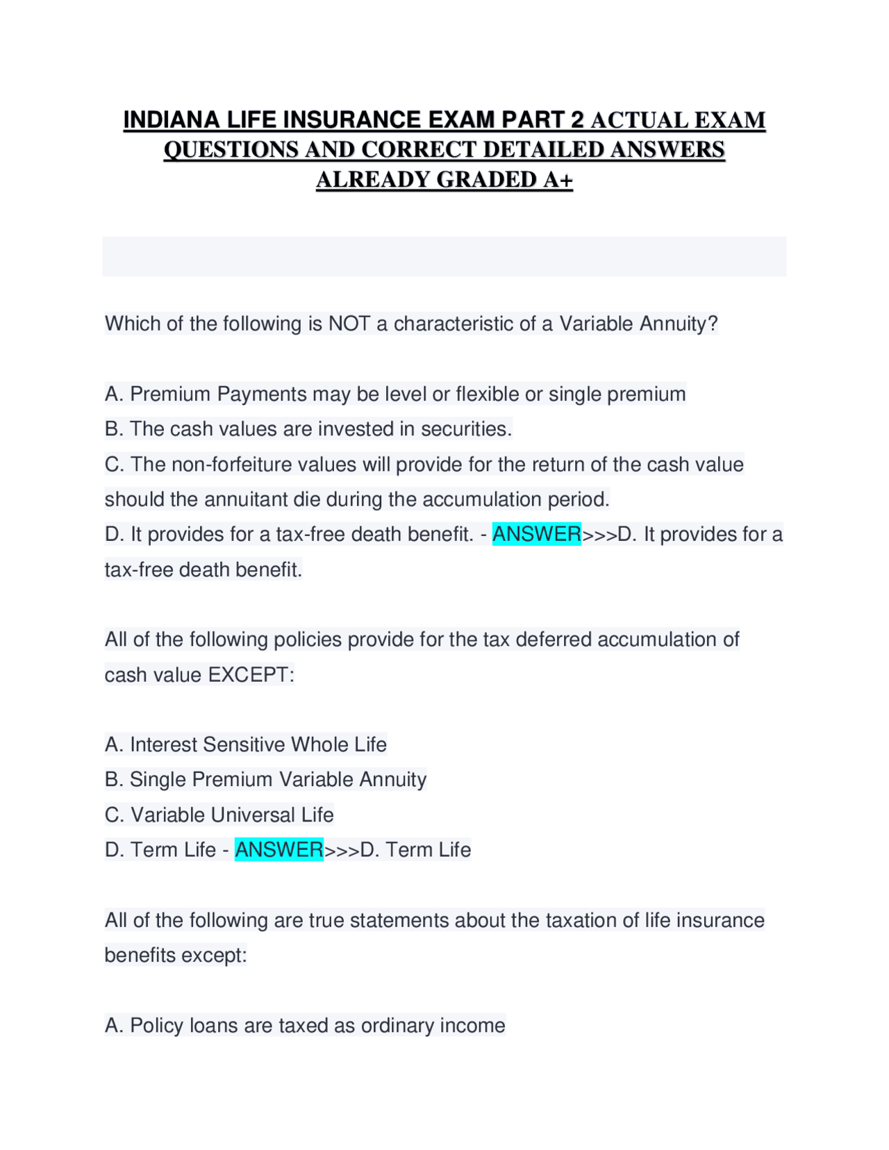 INDIANA LIFE INSURANCE EXAM PART 2 ACTUAL EXAM QUESTIONS AND CORRECT ...