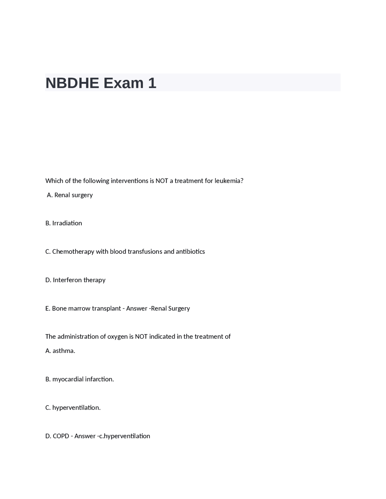 NBDHE Exam 1 Questions and Answers | Exams Nursing | Docsity