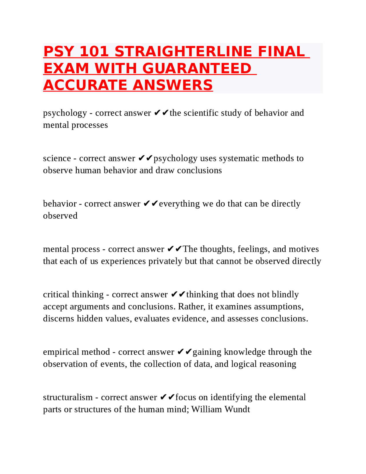 PSY 101 STRAIGHTERLINE FINAL EXAM WITH GUARANTEED ACCURATE ANSWERS ...