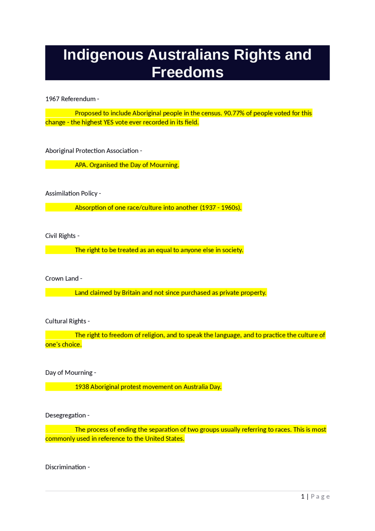 Indigenous Australians Rights and Freedoms. | Exams Civil Law | Docsity