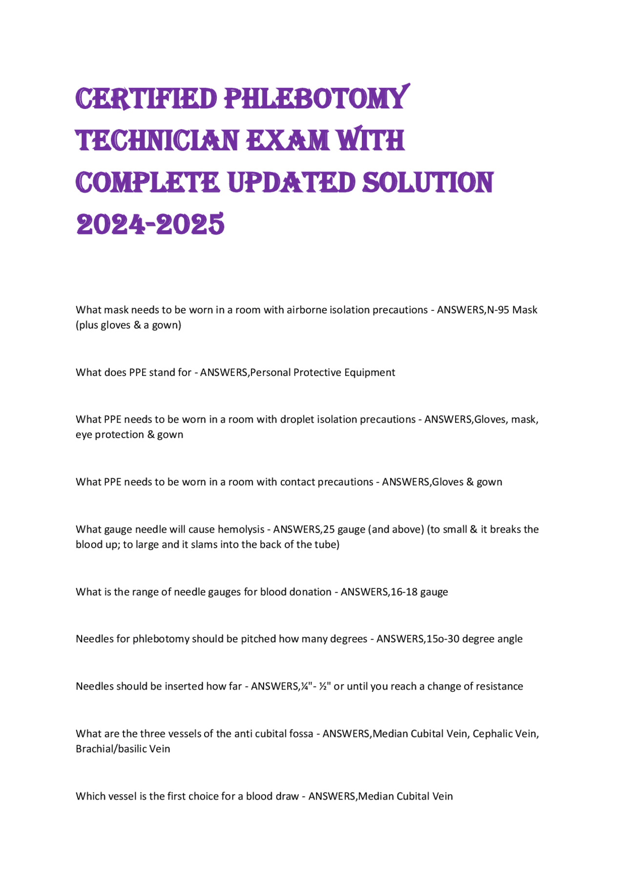 Certified Phlebotomy Technician Exam With Complete Updated Solution ...