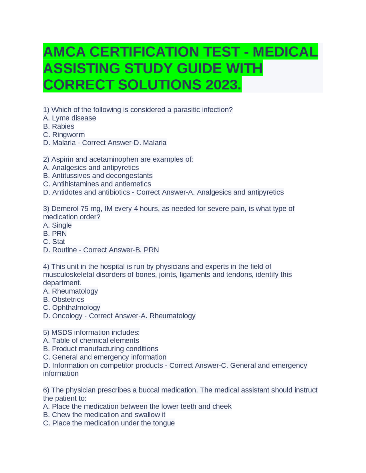 AMCA CERTIFICATION TEST - MEDICAL ASSISTING STUDY GUIDE WITH CORRECT ...