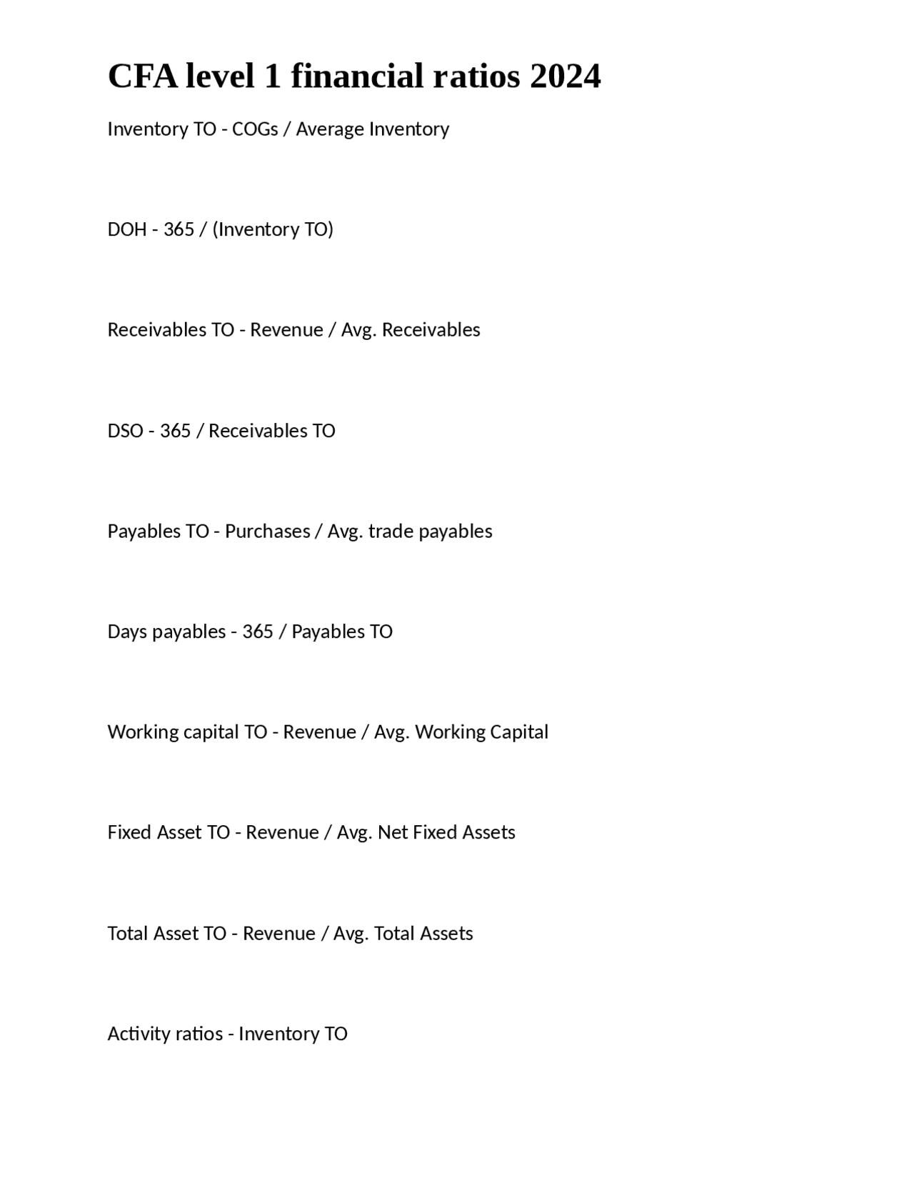 CFA level 1 financial ratios 2024 | Exams Nursing | Docsity
