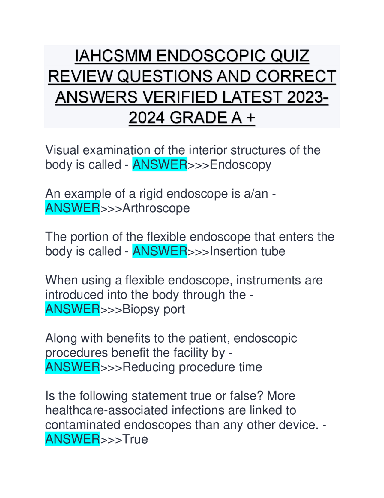 IAHCSMM ENDOSCOPIC QUIZ REVIEW QUESTIONS AND CORRECT ANSWERS VERIFIED ...