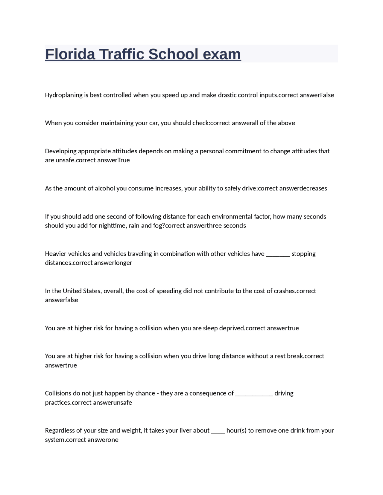 Florida Traffic School exam with correct answers | Study Guides ...