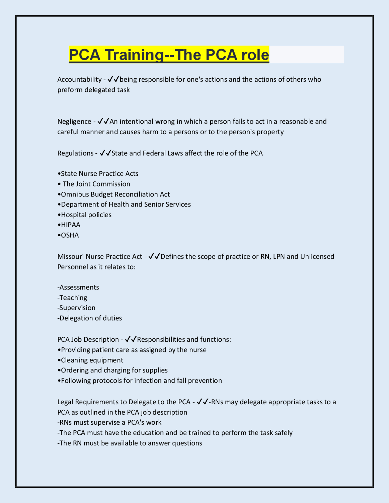 PCA Training--The PCA role questions and Answers | Exams Nursing | Docsity