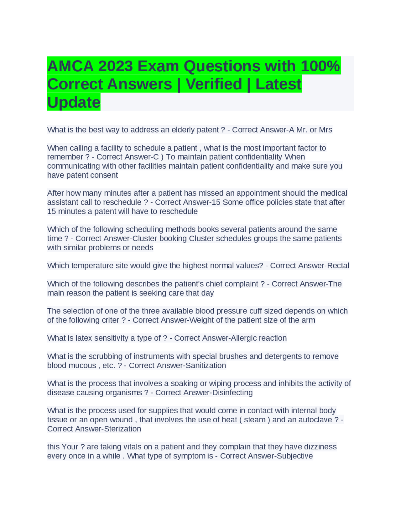 AMCA 2023 Exam Questions with 100% Correct Answers | Verified | Latest ...