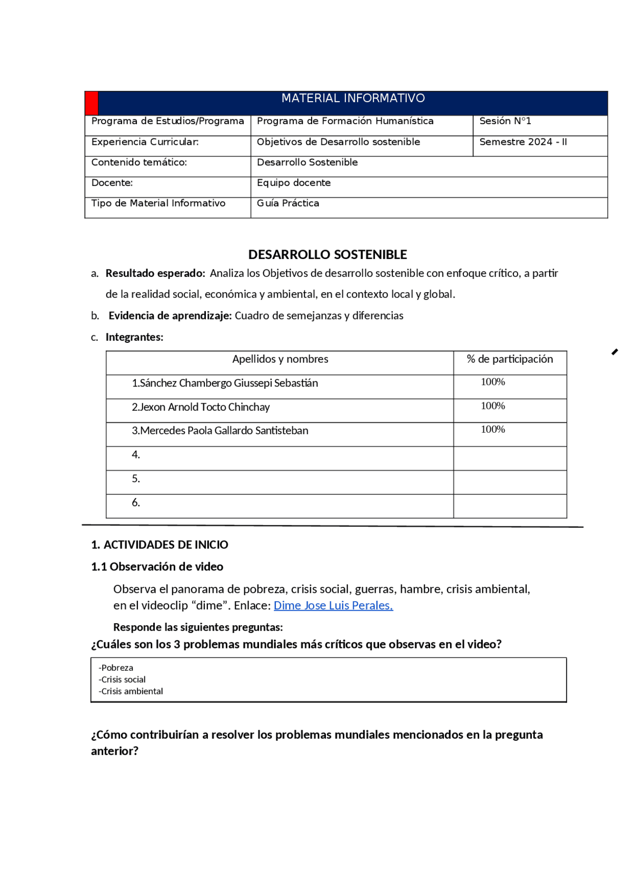 Guía Práctica: Objetivos de Desarrollo Sostenible - Sesión 1 - Prof. Cubas Larreategui ...