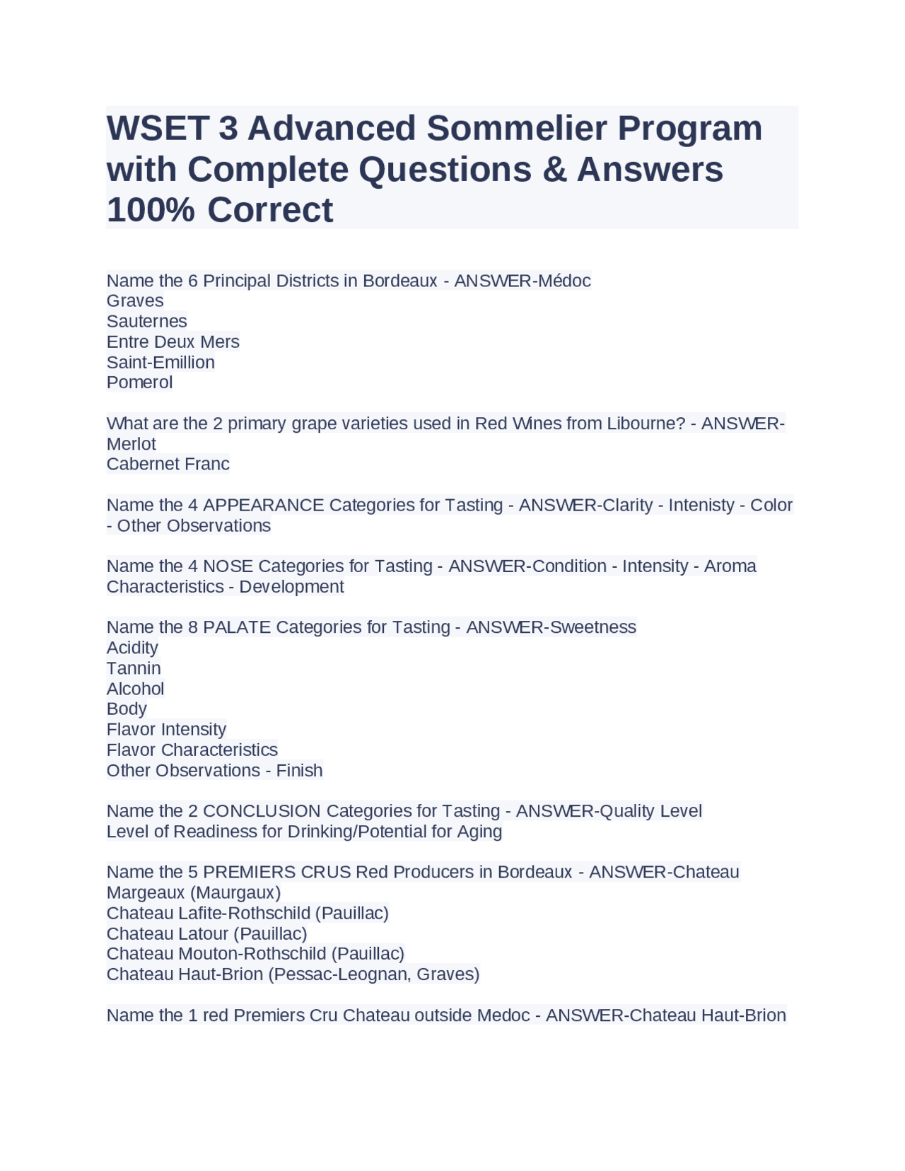WSET 3 Advanced Sommelier Program with Complete Questions & Answers 100 ...