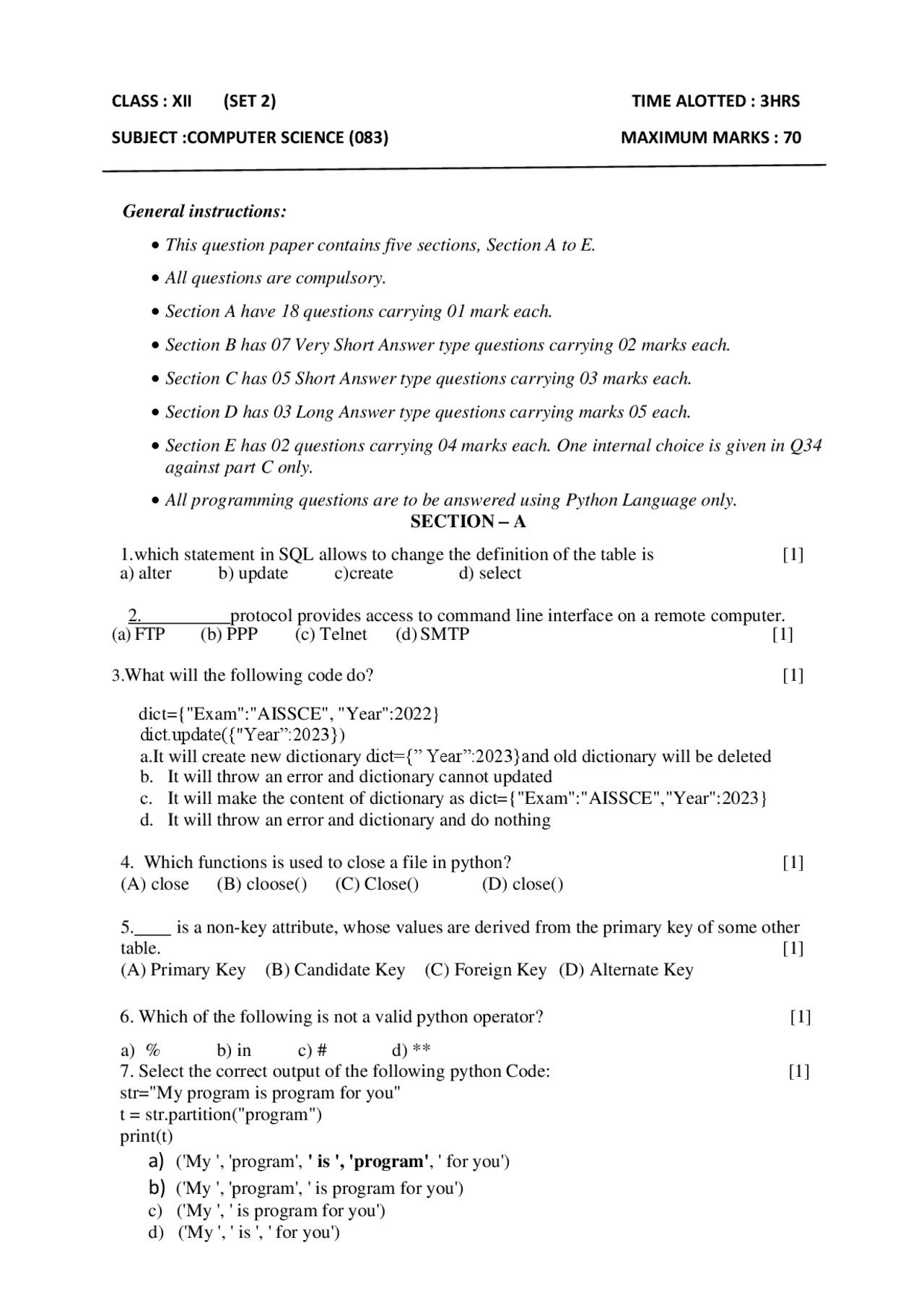 Computer Science – Class 12 – Sample Paper | Exams Computer science | Docsity