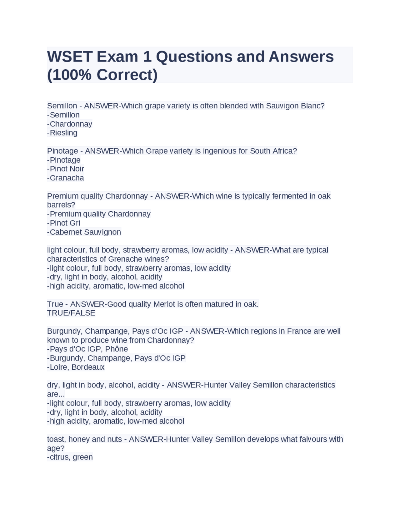 WSET Exam 1 Questions and Answers (100% Correct) | Exams Winemaking ...