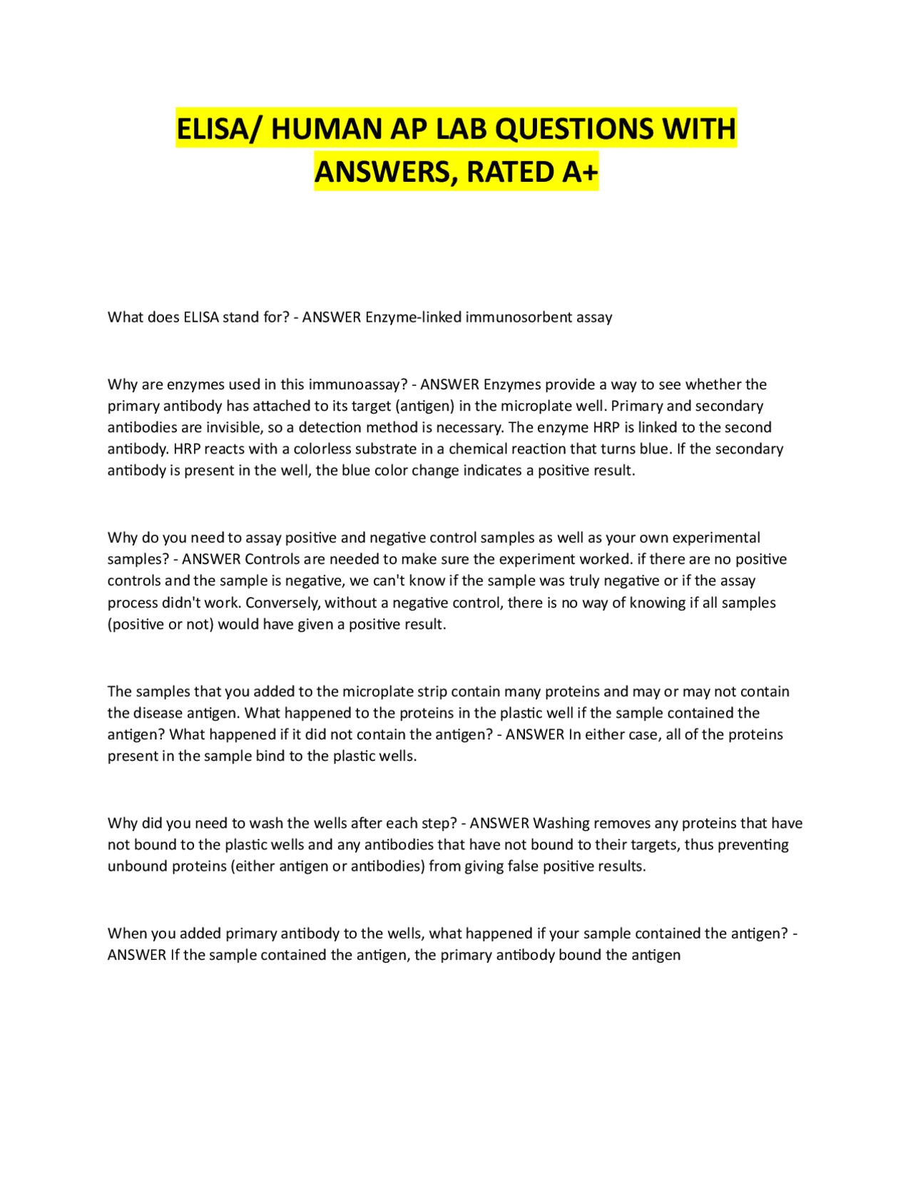 ELISA/ HUMAN AP LAB QUESTIONS WITH ANSWERS, RATED A+ | Exams Laboratory ...