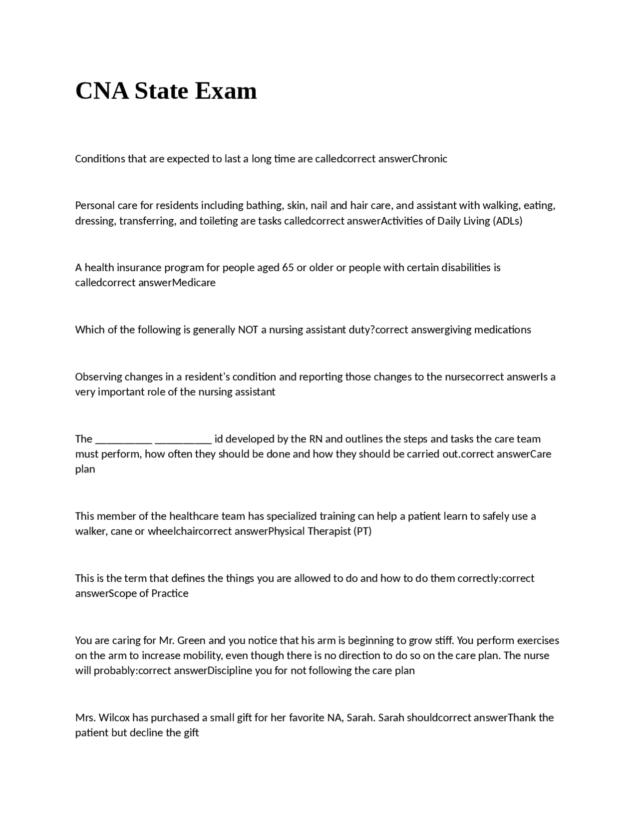 CNA State Exam questions with correct answers | Exams Nursing | Docsity