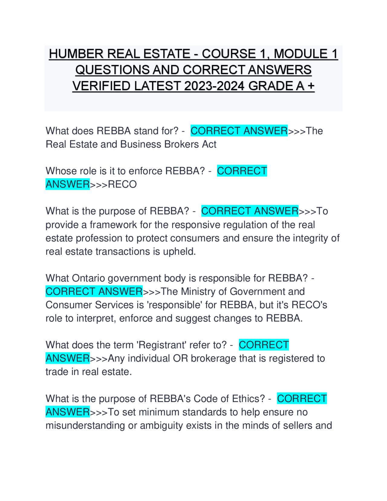HUMBER REAL ESTATE - COURSE 1, MODULE 1 QUESTIONS AND CORRECT ANSWERS ...