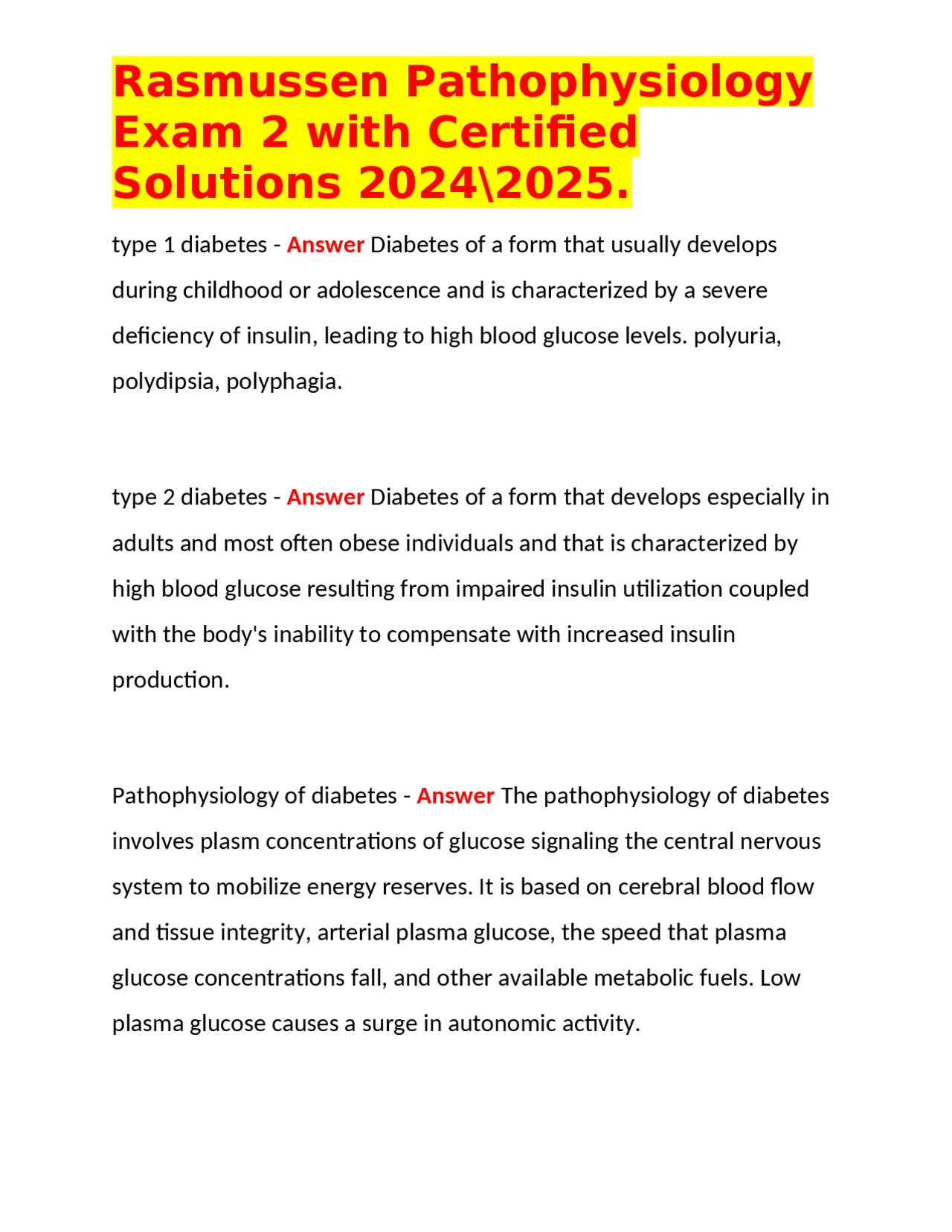 Rasmussen Pathophysiology Exam 2 with Certified Solutions 2024\2025. | Exams Nursing | Docsity