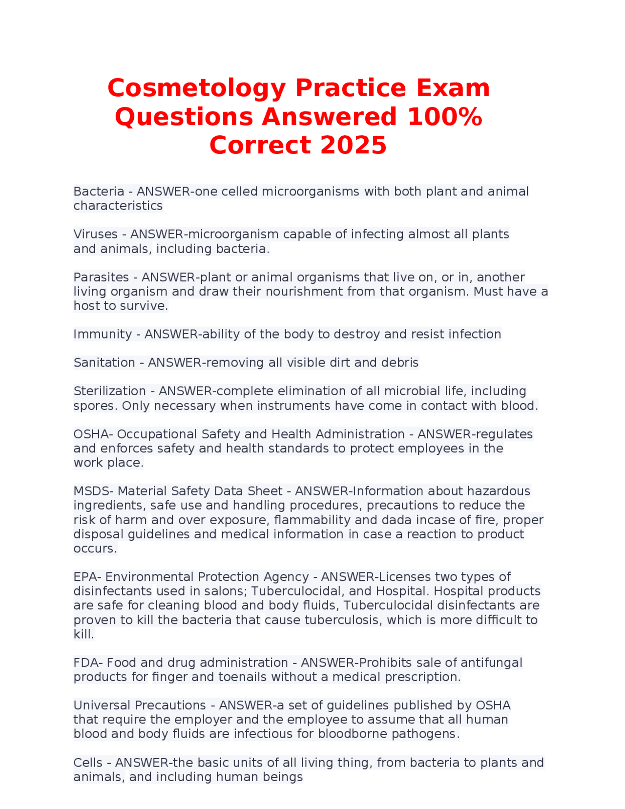 Cosmetology Practice Exam Questions Answered 100% Correct 2025 | Exams ...