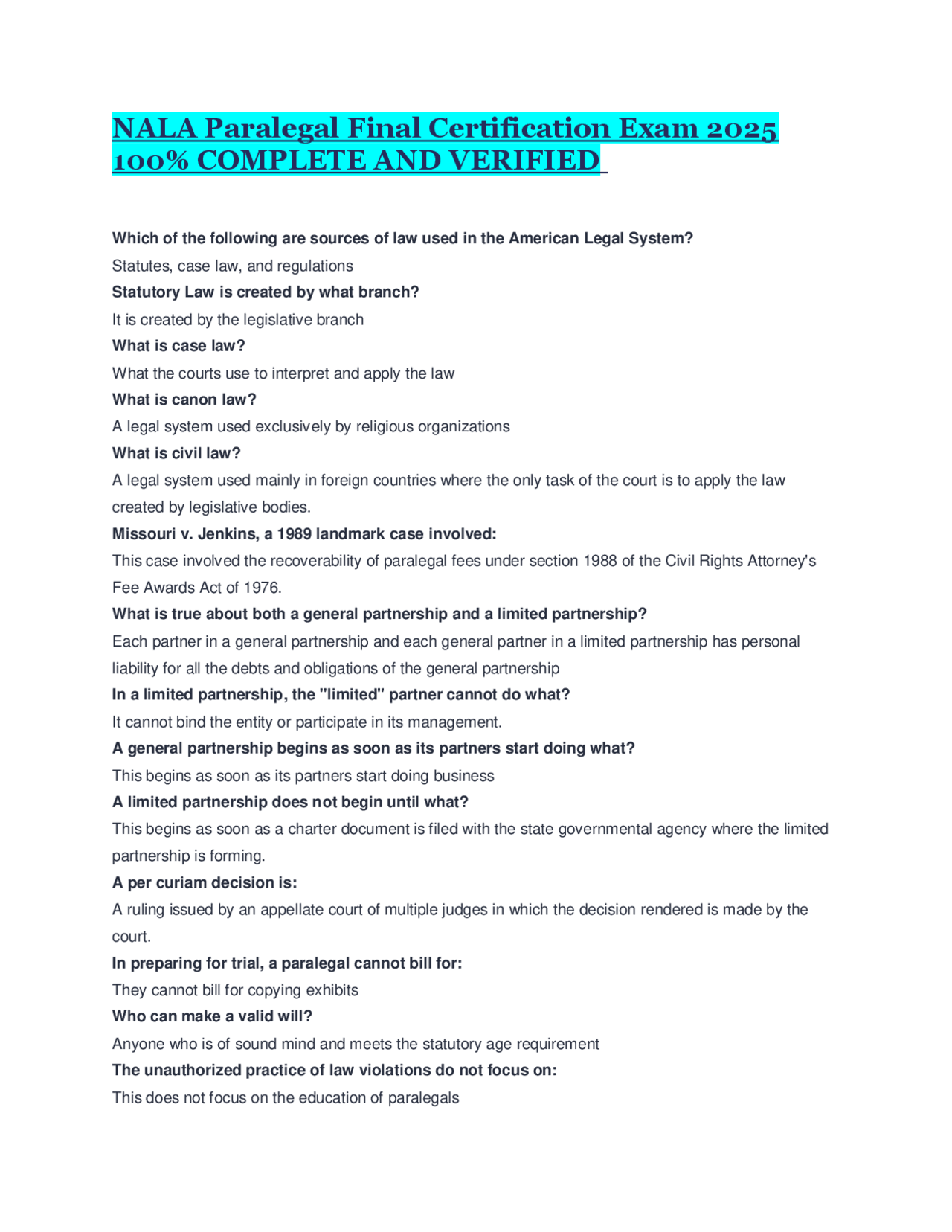 NALA Paralegal Final Certification Exam 2025 100% COMPLETE AND VERIFIED ...