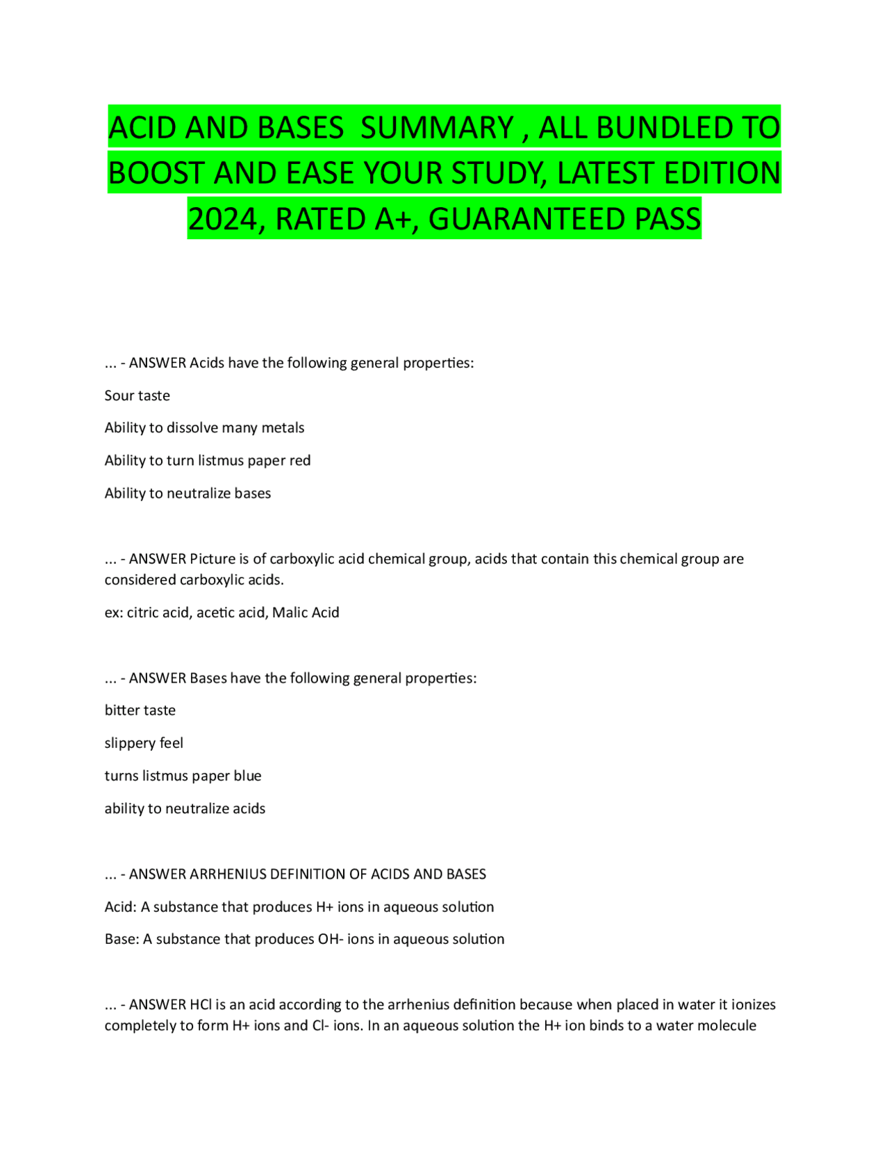 ACID AND BASES SUMMARY , ALL BUNDLED TO BOOST AND EASE YOUR STUDY ...