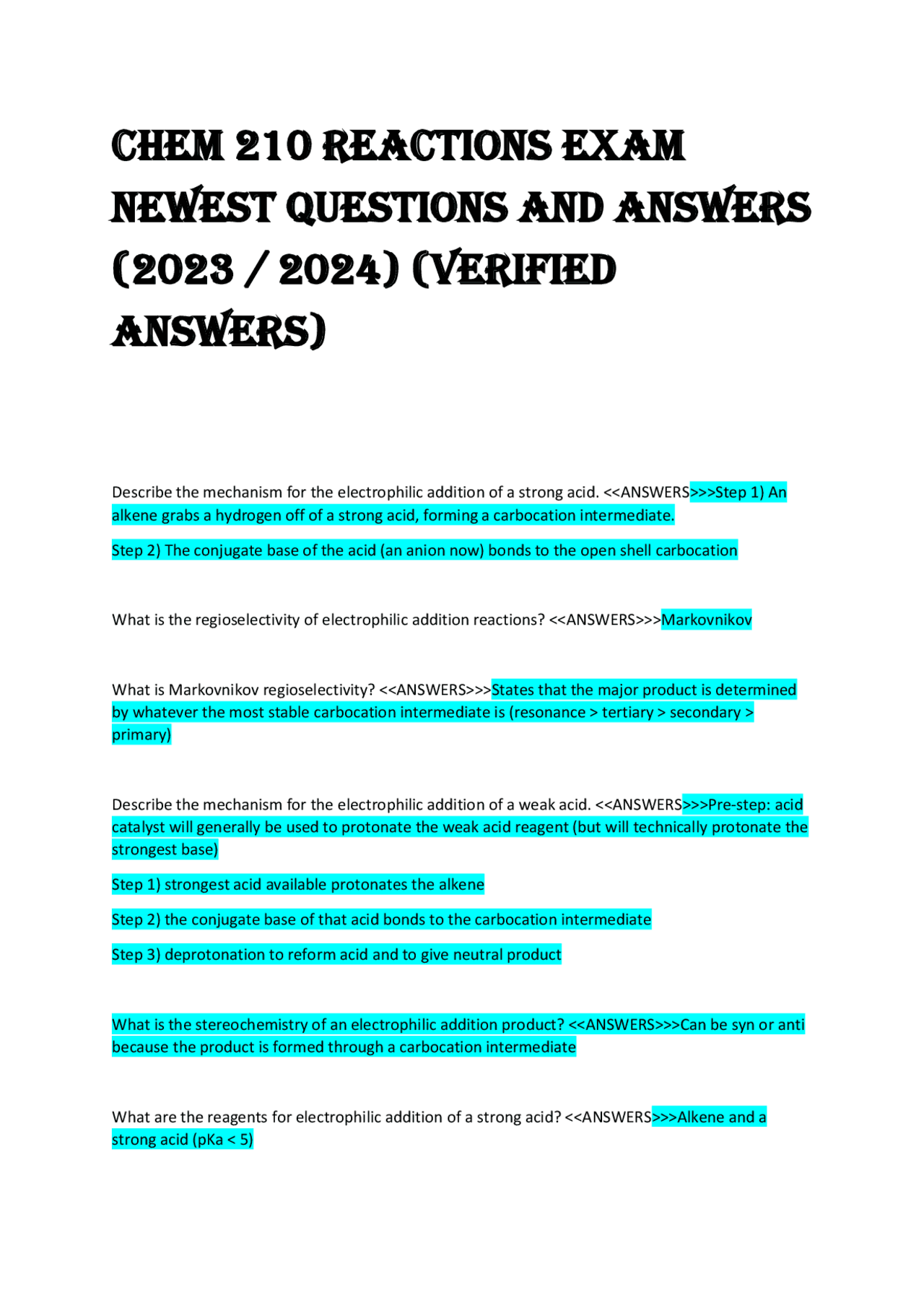 CHEM 210 REACTIONS EXAM NEWEST QUESTIONS AND ANSWERS (2023 / 2024 ...